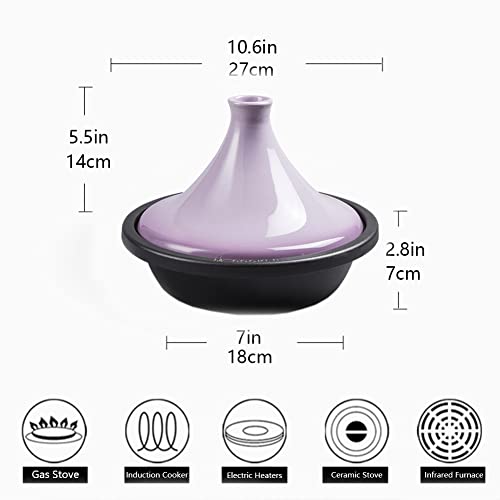 Moroccan Tagine Enameled Cast Iron Tajine Cooking Pot with Cone-Shaped Closed Lid for Stew Casserole Slow Cooker 1.7L Tajine Cookware (Purple)