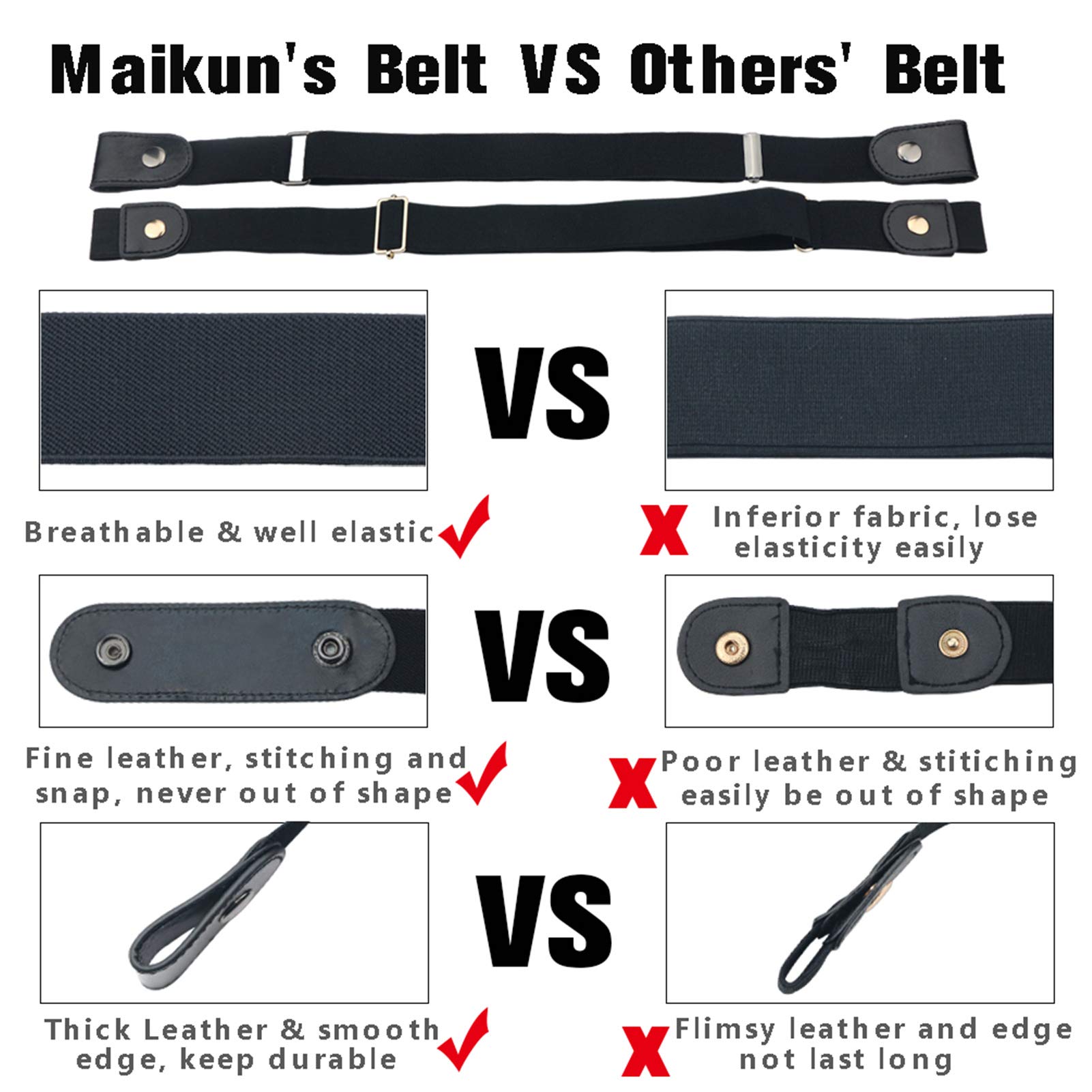 maikun 2 Pack Buckle Free Belt, Black stretch belt, Buckleless Belt Women No buckle Belt,Black + Redbrown, Waist size 30-63''