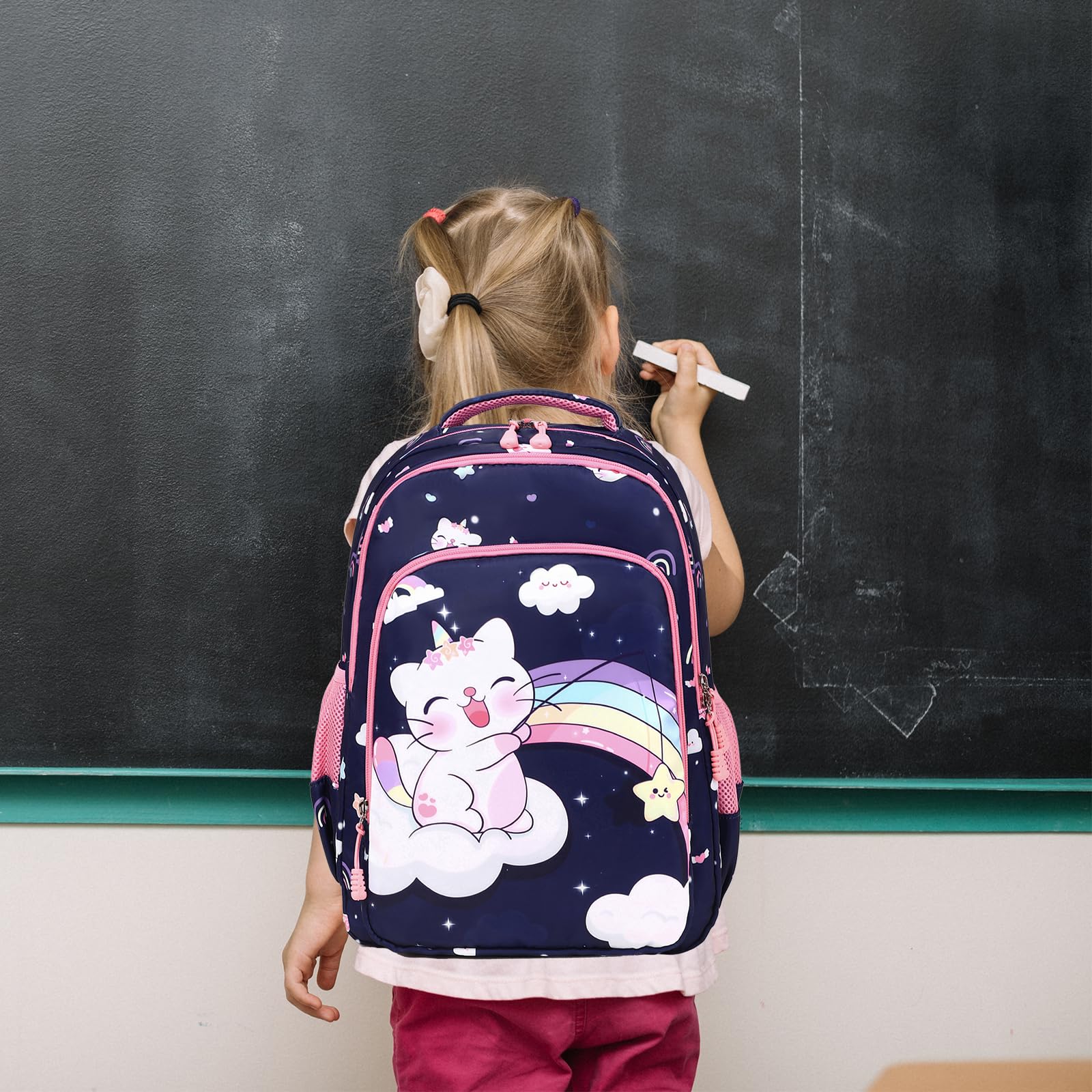 Kimwadalh Girls Backpack Set for School, Cute Rabbit School Backpack with Lunch Box Pencil Case & Chest Strap for Preschool Elementary
