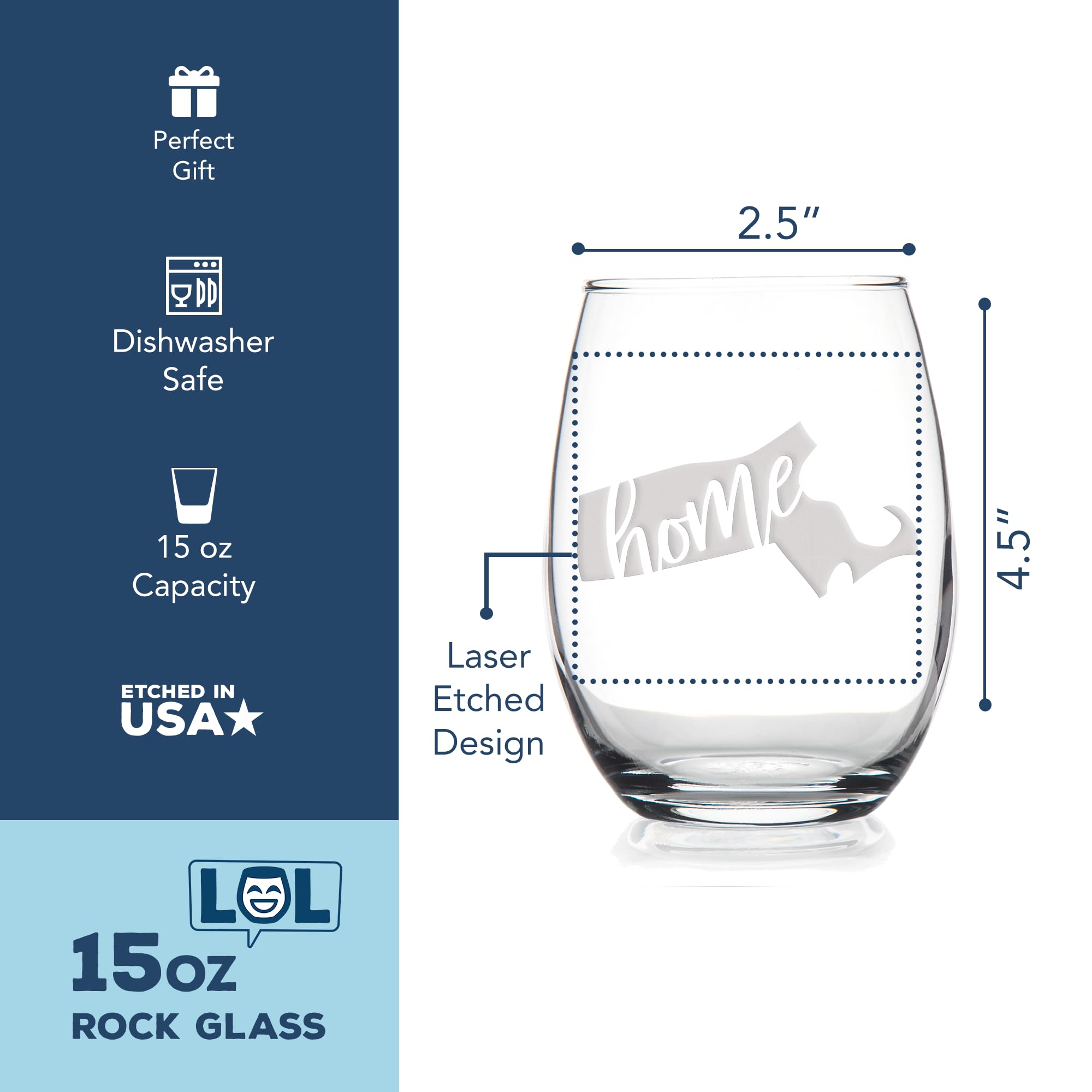 Massachusetts State Stemless Wine Glass - Massachusetts Gift, Massachusetts Wine Glass, Massachusetts Fan Gift