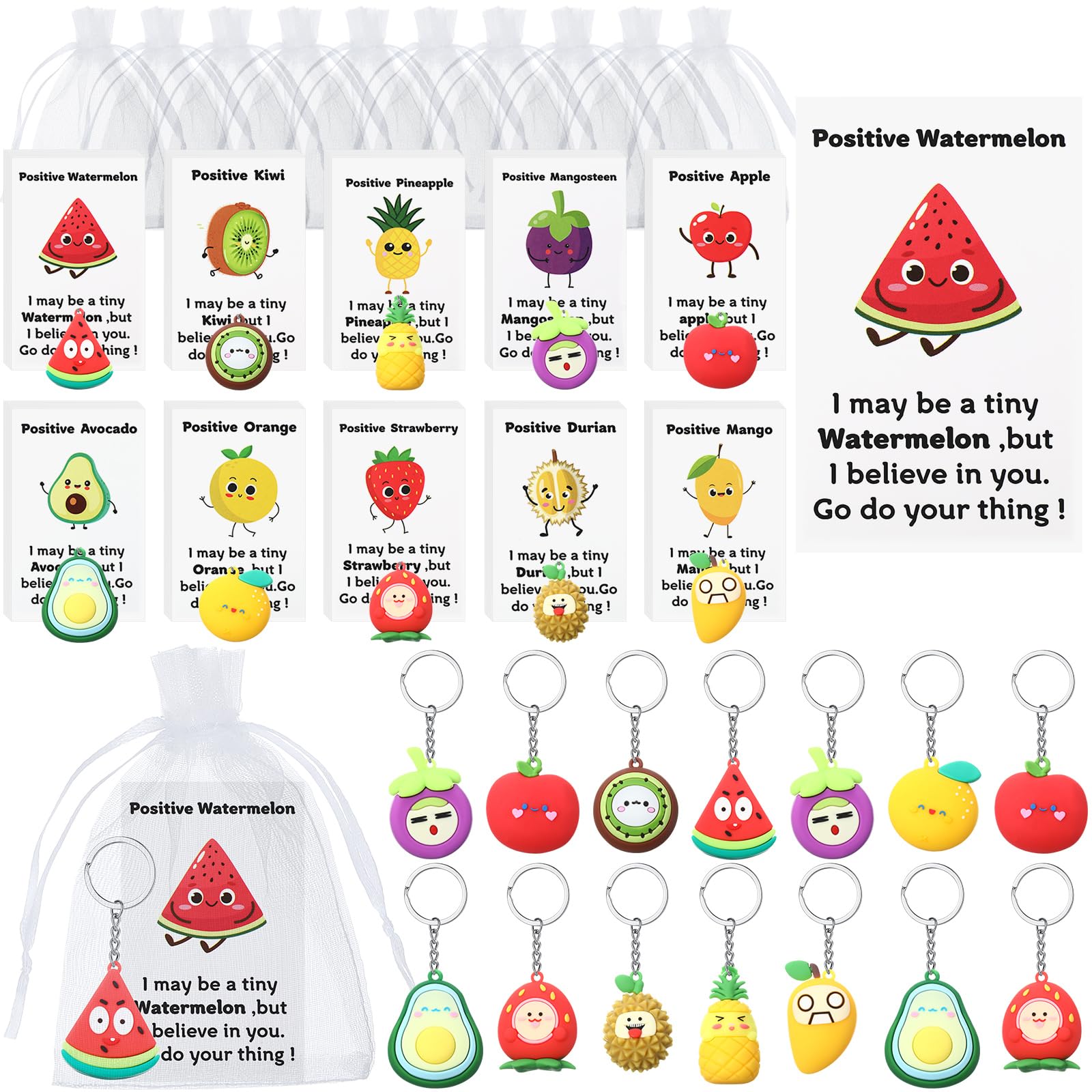 Quelay 30 Sets Positive Inspirational Fruit Keychain Bulk Employee Appreciation Gift Mini Fruit Cards Organza Bag Christmas Gift