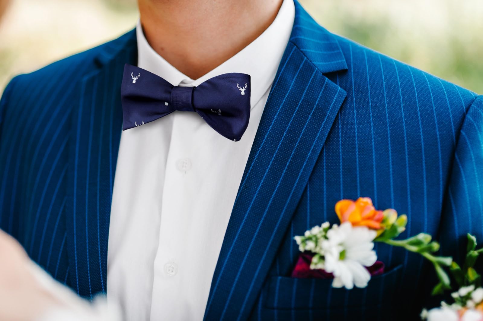 HISDERN Men's Bee Pattern Self Bow Tie And Pocket Square Set Wedding Party Accessories,Navy Blue & Yellow,One Size