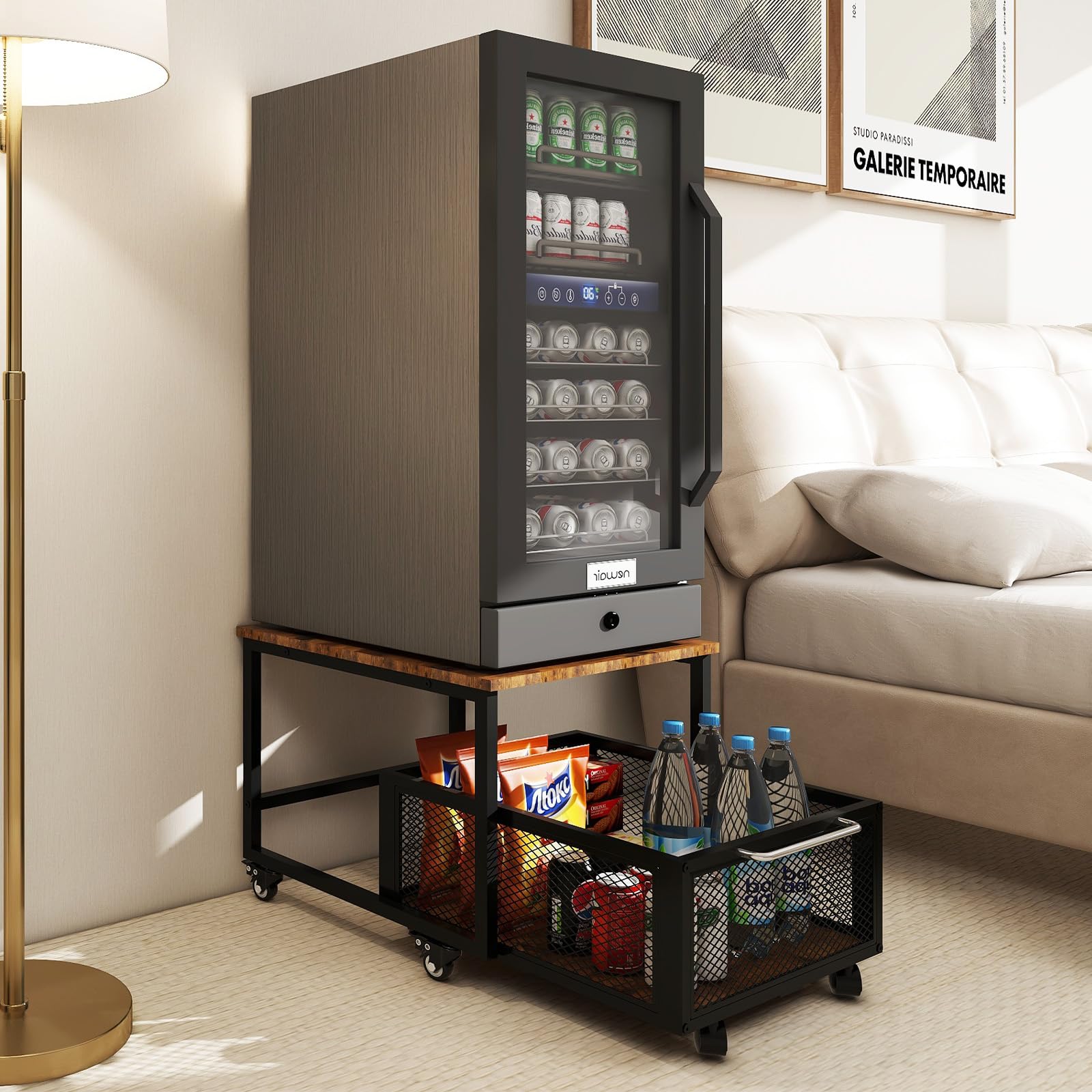 PUNCIA 19.7x23.6in Mini Fridge Stand with Large Capacity Storage Beverage Refrigerator Table with Lockable Wheel Mobile Compact Fridge Cart Heavy Duty Appliance Platform for Dorm, Apartment,Office