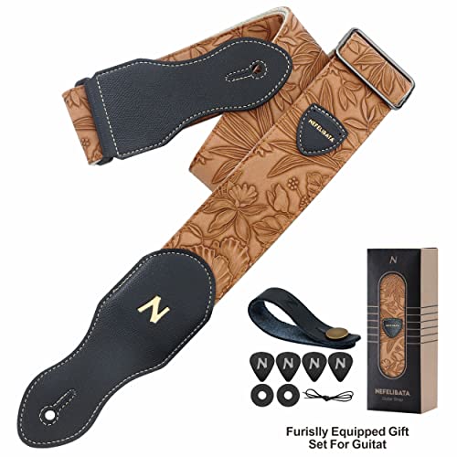 Nefelibata Guitar Strap with Pick Pocket,2.3 inch Porter Style Vegan Leather Carving Guitar Straps,60s Vintage Style(Brown Yellow)