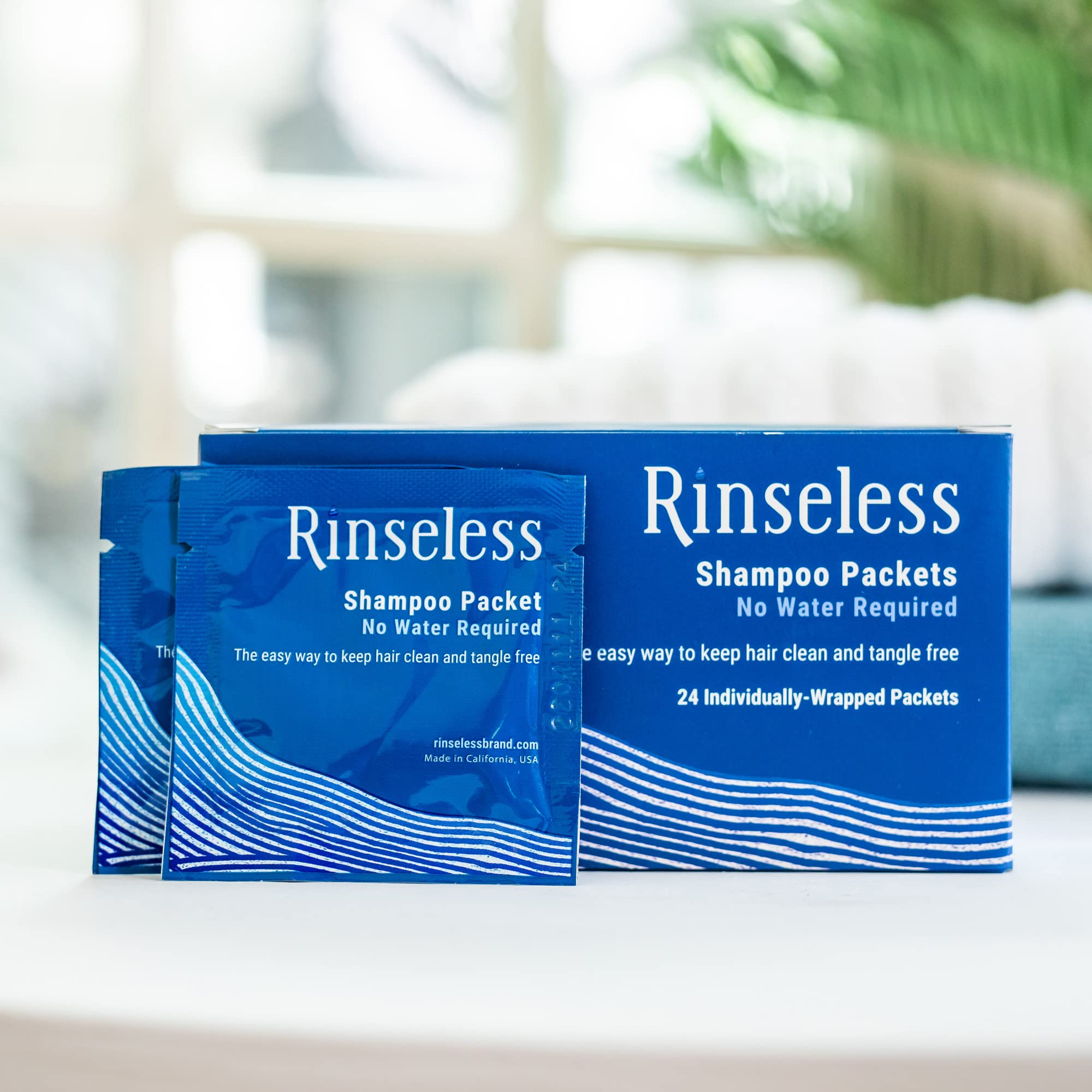RINSELESS Waterless Shampoo Travel Packets 24 ct, Individually Wrapped | Get Refreshed Clean Smelling Hair, No Water Rinse Needed | For Hospital, Surgery, Elderly, Bedridden Patients & Camping