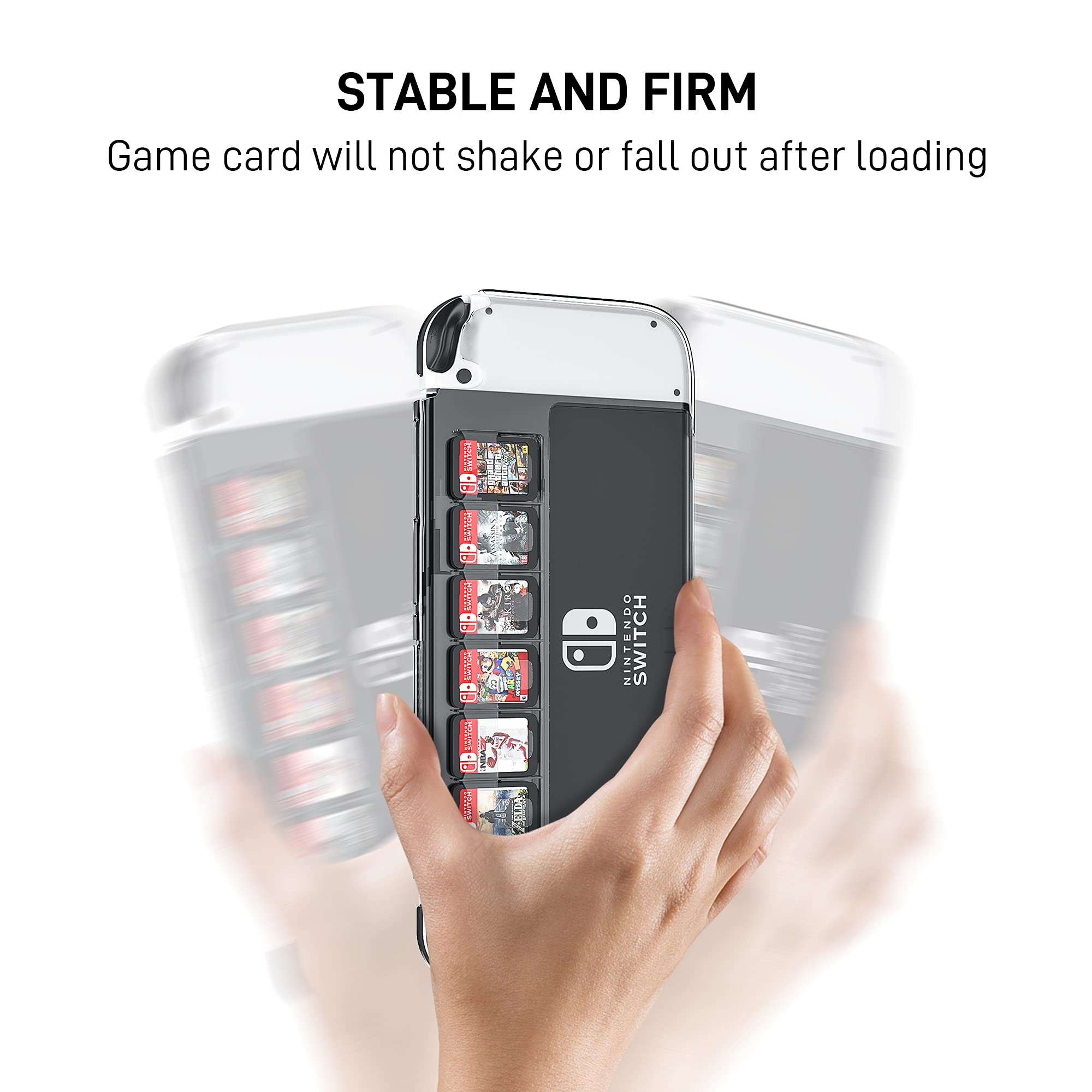 LASTYAL Protective Clear Case Compatible with Nintendo Switch OLED Model with Hard Transparent Cover Case for Switch OLED with 6 Game Card Storage Slots, Screen Protector and 10 Thumb Grip Caps