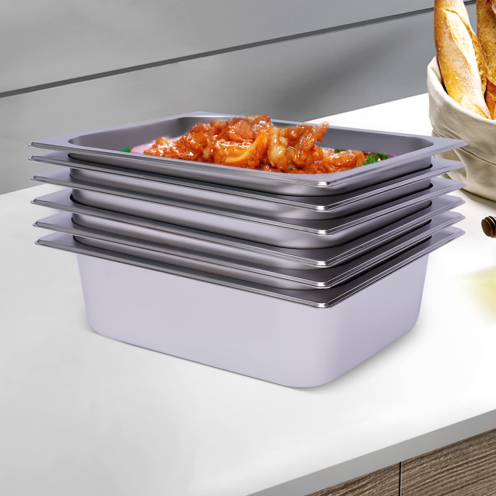 OUKANING 6 Pack Stainless Steel Steam Table Pans Commercial Catering Food Pan Stackable Hotel Pan Serving Trays Plate Container for Buffet Restaurant Supplies Party and Event (12.99x 10.24x 3.94in)