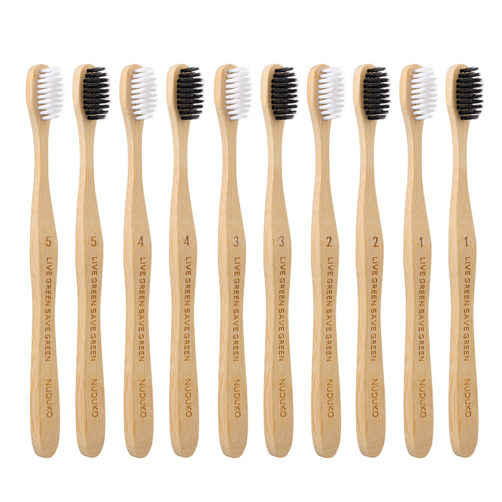 NUDUKO Biodegradable Bamboo Toothbrushes, Wooden Toothbrush 10 Pack, Multicolor BPA Free Soft Bristles Tooth Brush, Eco-Friendly Natural Green and Compostable Tooth Brushes
