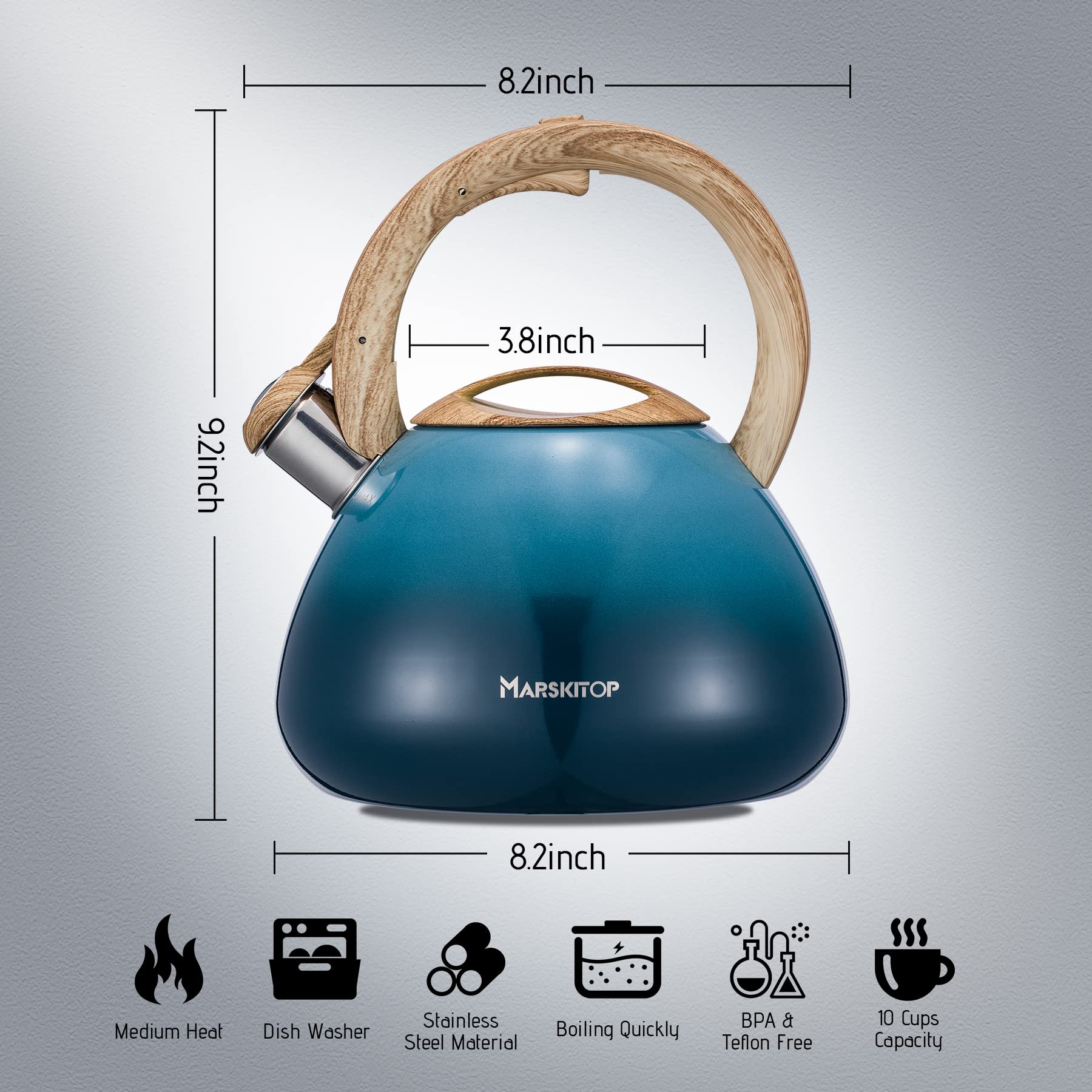MARSKITOP Tea Kettle Stovetop Whistling Tea Pots for Stove Top Food Grade Stainless Steel Teapot for Induction Cooktop, 2.6 Quart, Blue