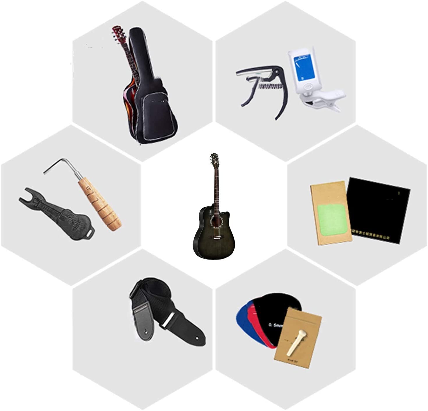 MUWIZ Guitar Kit, String Instrument Electronic Guitar 41 Inches Solid Wood Veneer Warm Tone Feel Comfortable Adjustable Chord Pitch Student Adult Beginner's Guide Folk Pop Guitar (Color : Black)