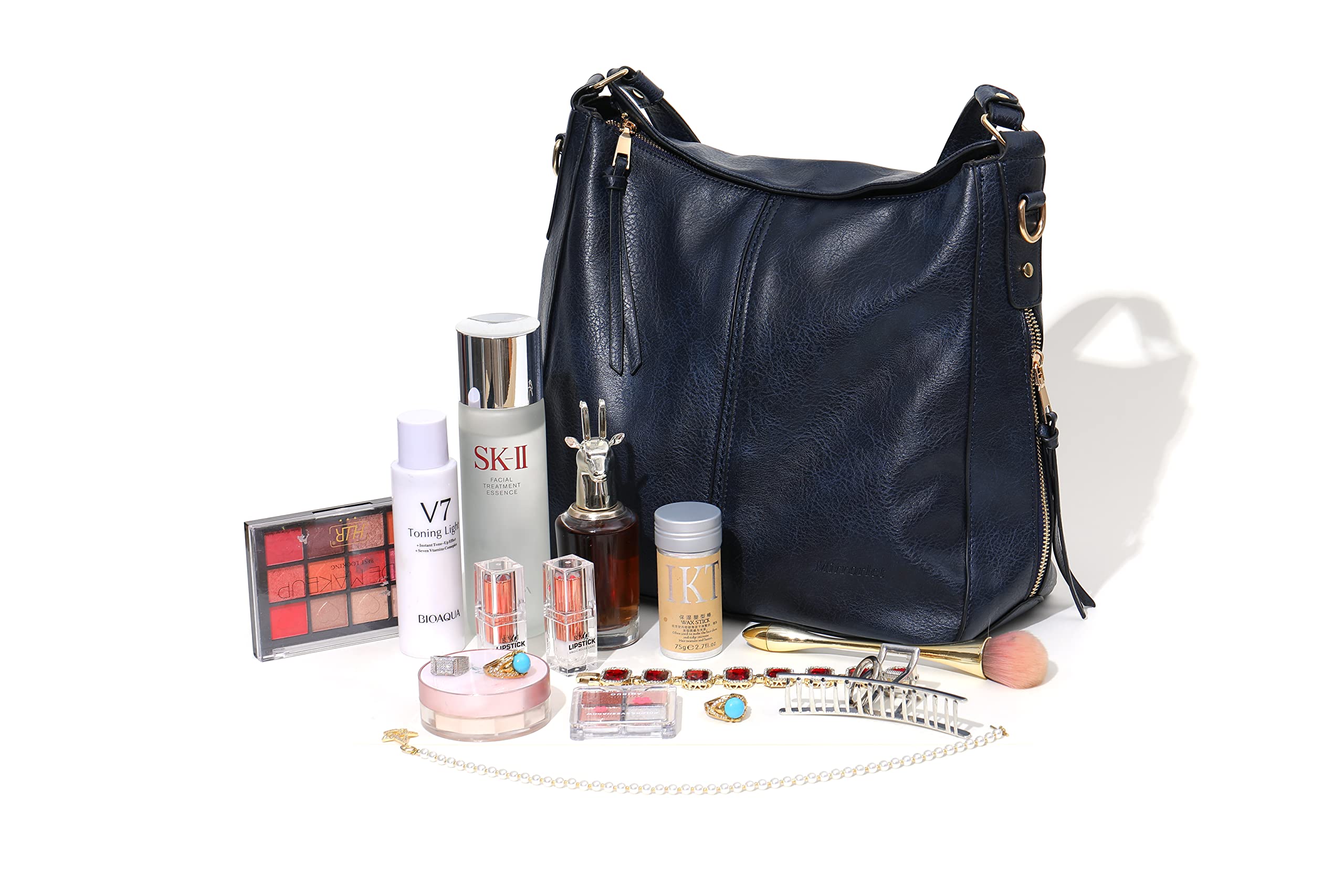 MIRRORLET Women’s Long Handle Bag (BLUE) Tote Bags for Women with three ZIPPERED POCKETS. Shoulder bag for working and informal activities. (Environmentally friendly non leather from animals’ skin).
