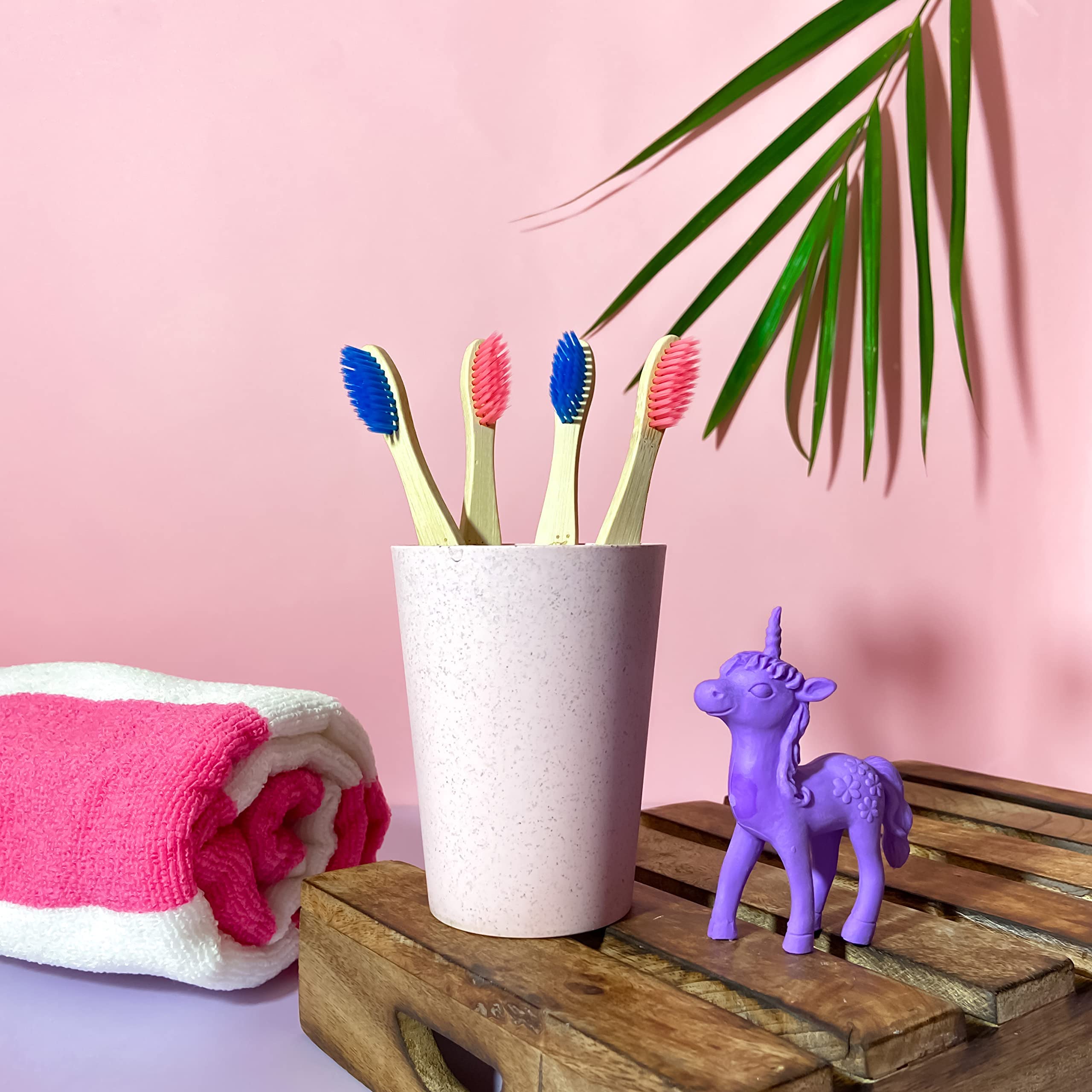 Rewa Kids Kawaii Unicorn l Children Bamboo Toothbrushes l Organic Compostable Natural Ayurvedic l Pack-4 l Soft Bristles BPA Free Pink (Sassy) & Blue (Shiny).