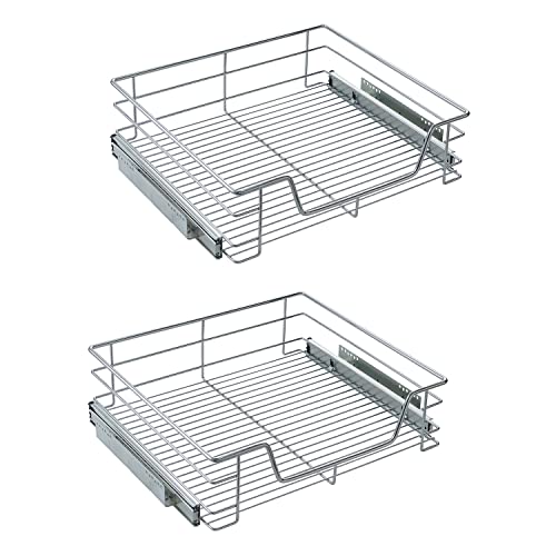 MYOYAY 2Pcs Pull Out Cabinet Organizer Bowls Dishes Storage Shelf Extendable Sliding Kitchen Drawer Heavy Duty Seasoning Cutlery Cookware Storing Basket Home Dining Organization