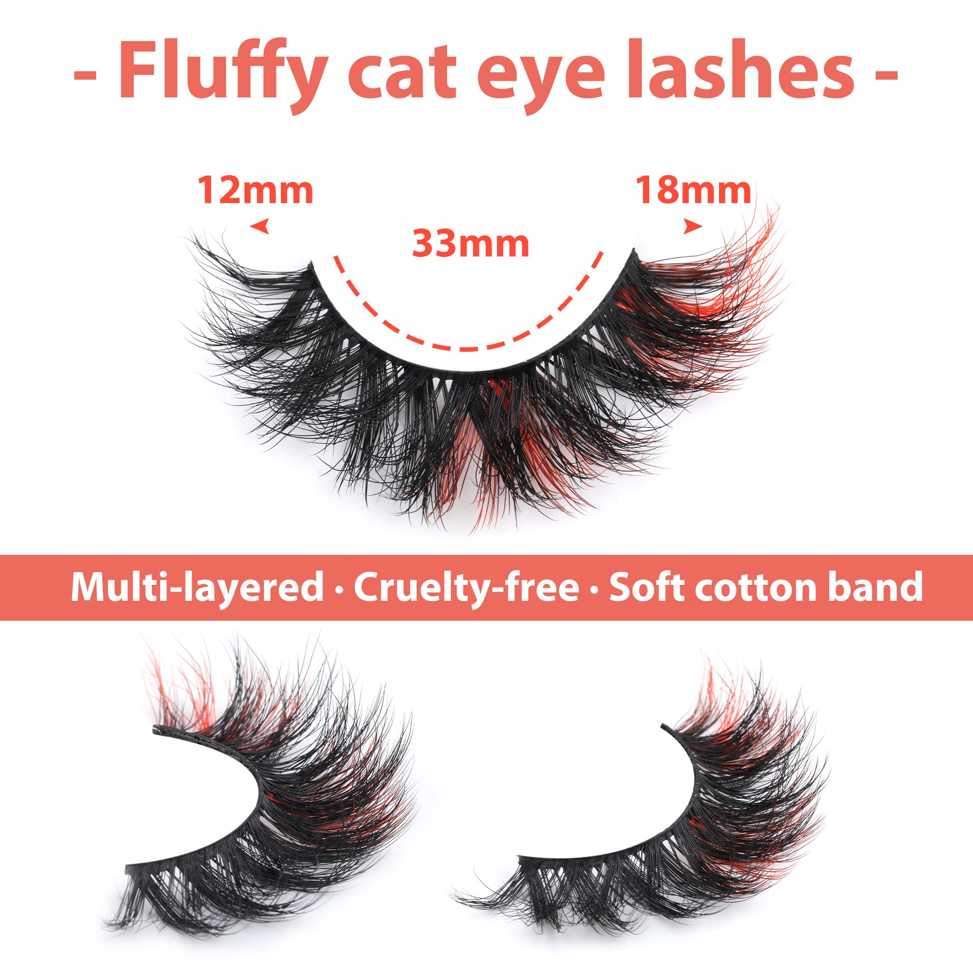Red False Eyelashes with Color Cat Eye Lashes Mink Dramatic Fluffy Long Fake Lashes Christmas Wispy Strip Curly Lashes Pack 3 Pairs