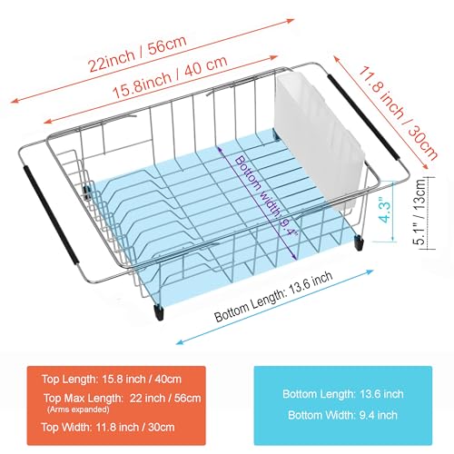 iPEGTOP Expandable Multifunctional Dish Drying Rack, Over The Sink, in Sink Or On Counter Dish Drainer Rack Organizer Shelf with White Utensil Silverware Holder, Rustproof Stainless Steel