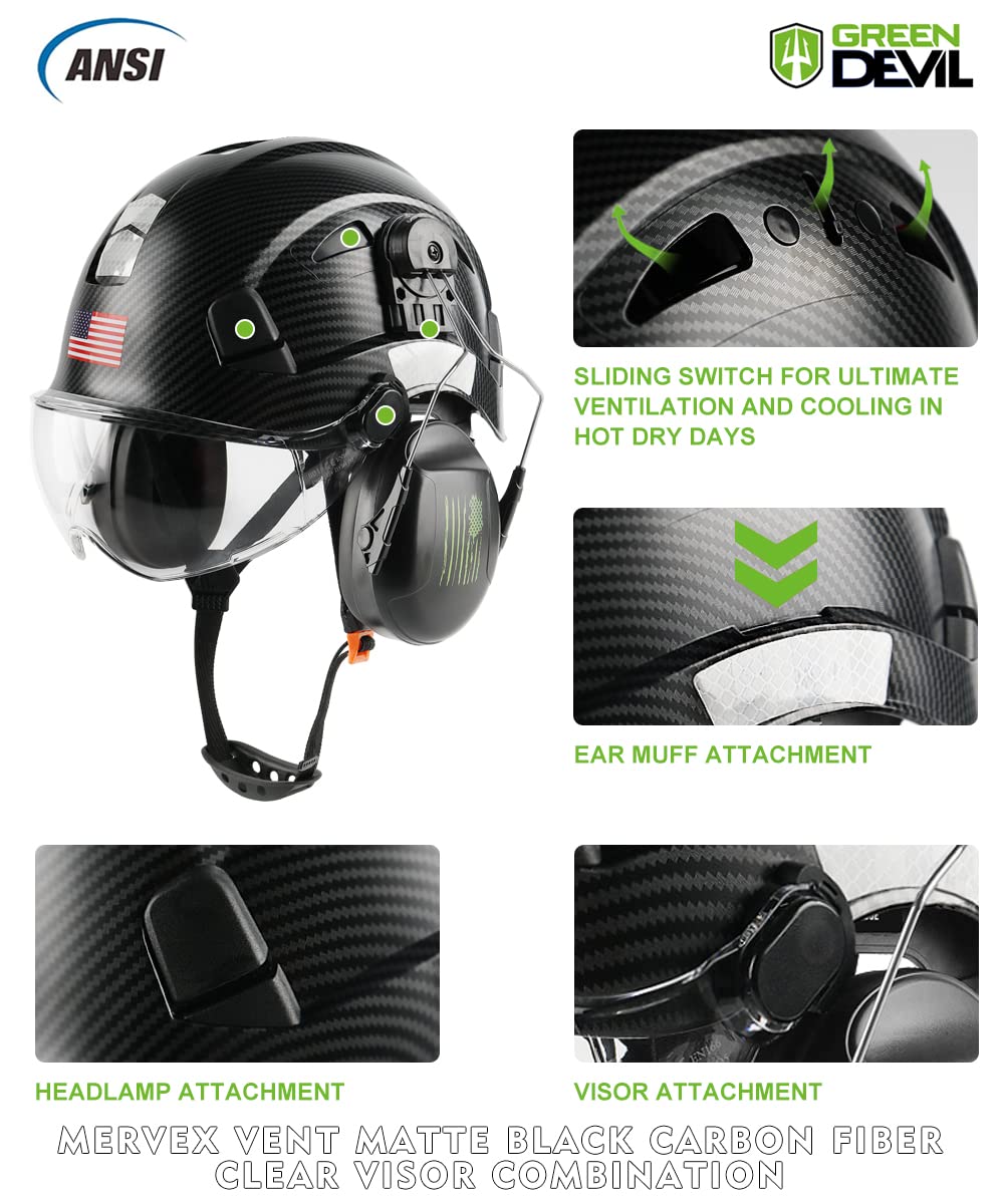 Safety Helmet Hard Hat with Visor and Ear Protection Adjustable Lightweight Vented ABS Work Helmet for Men and Women 6-Point Suspension ANSI Z89.1 Approved Ideal for Industrial & Construction