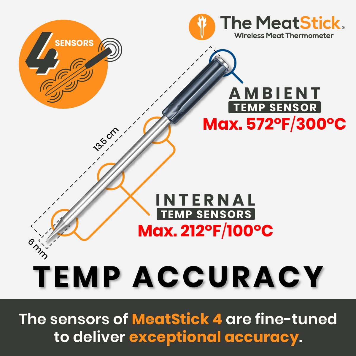 MeatStick 4 (One Probe Set) | Quad Sensors Smart Wireless Meat Thermometer | Digital Food Probe with Bluetooth | for Smoking, Grilling, BBQ, Air Fryer, Deep Frying, Oven, Rotisserie | Limited Range
