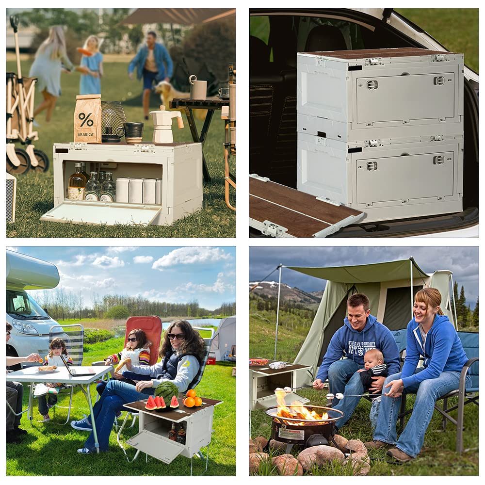Lightweight Camping Table Folding with Storage Adjustable Legs Portable Plastic Cook Station for Outdoor BBQ, Party, Picnic, Organizer for Food Materials, with Expandable Desktop White