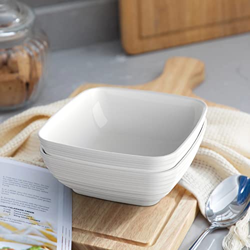 MEKY Cereal Bowls, Porcelain 20 Ounce Square Embossed Salad Bowls Set of 6, Ceramic 5.9 Inch Bowls for Soup, Snack, Dessert and Marmalade, Serving Bowls Set, Dishwasher & Microwave Safe - White