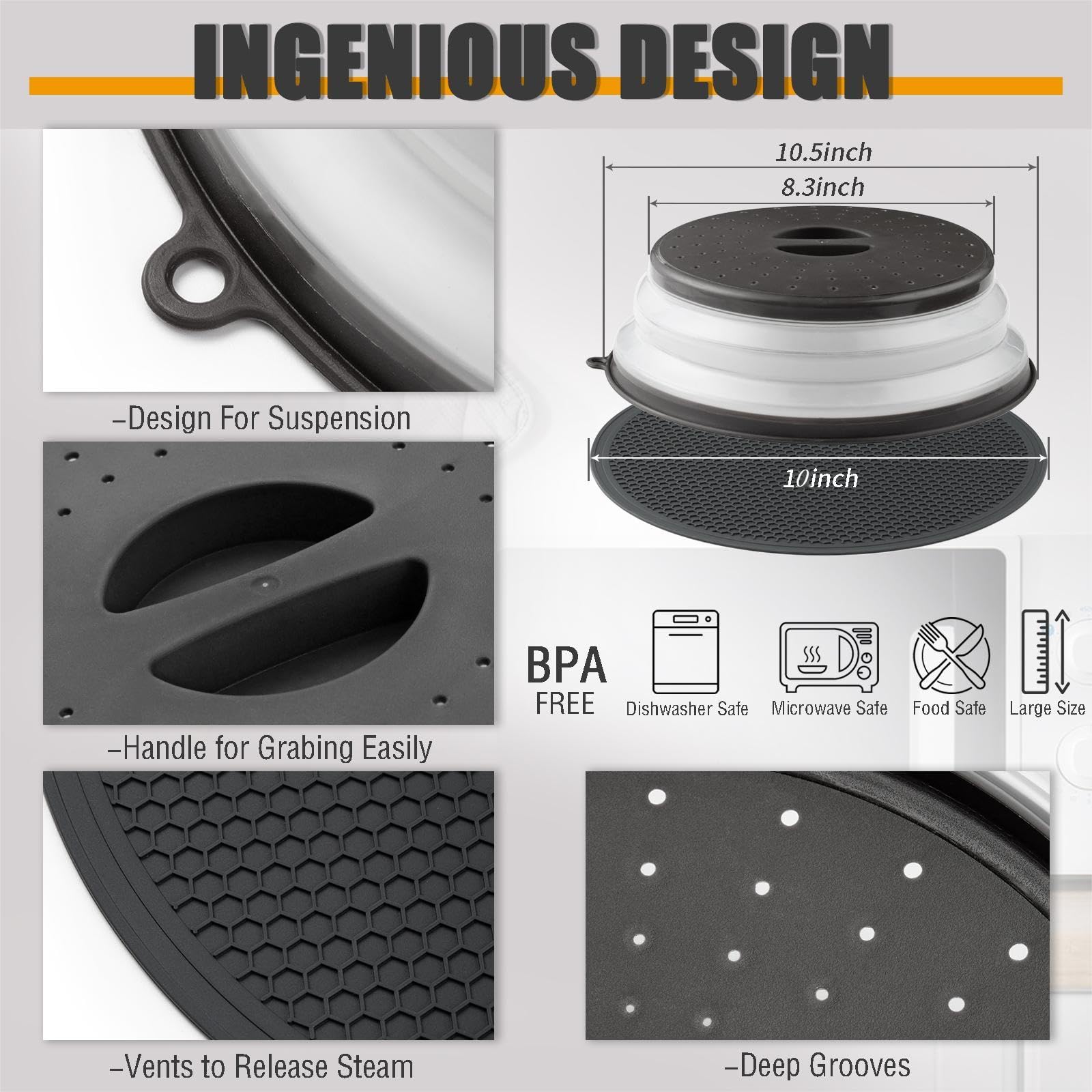 MAGJIUKE Microwave Food Cover & Mat,Vented Collapsible Splatter Guard Dish Plate lid & Silicone Round Kitchen mat,Heat Resistant Multi-Purpose Non-Slip Trivet Drying mat,Home Apartment Essential