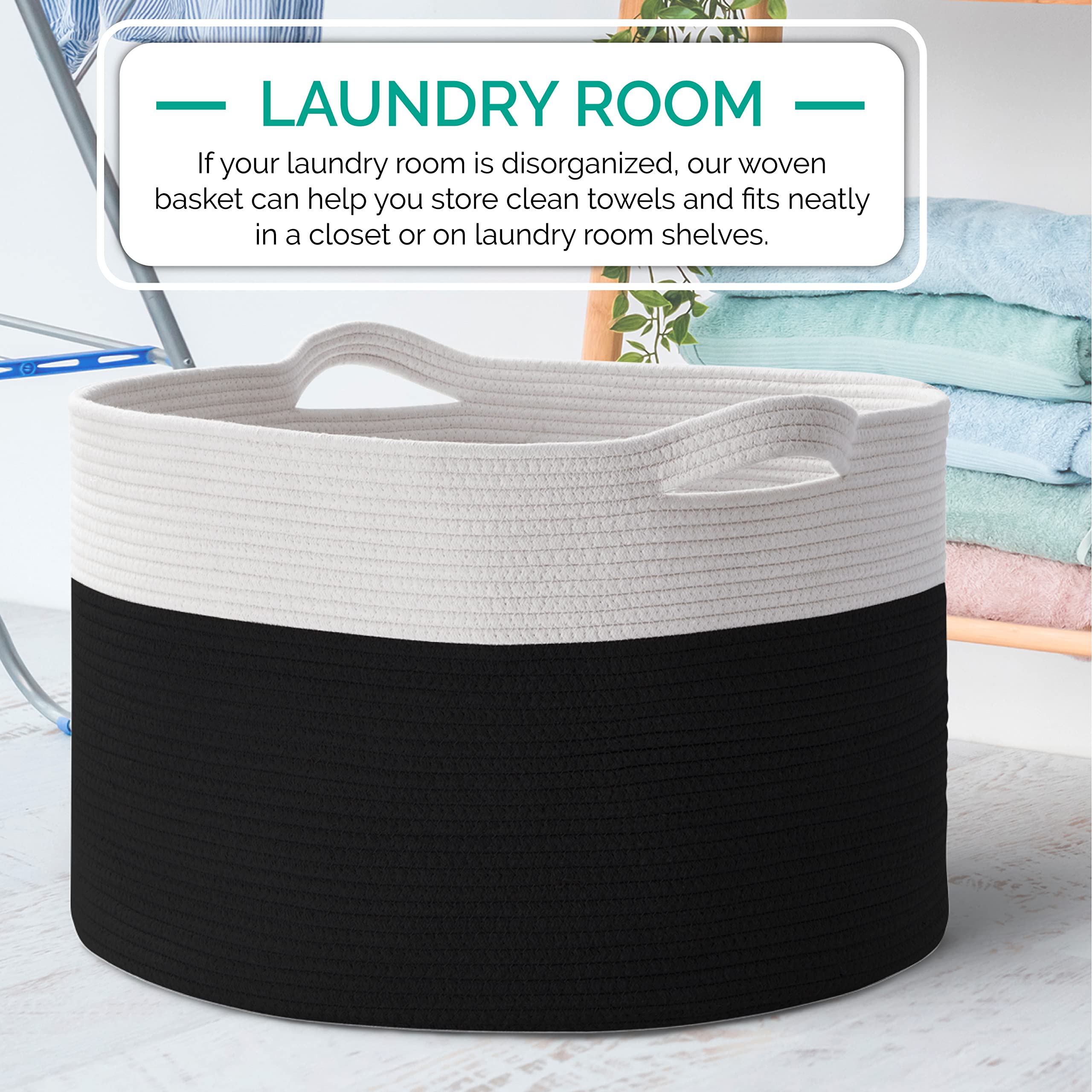 Organizix XXXXL Large Round Cotton Rope Storage Basket Bin Organizer Laundry Hamper with Handles, 21 x 21 x 14, Extra Large Blanket Woven Toy Basket, Black/Brown