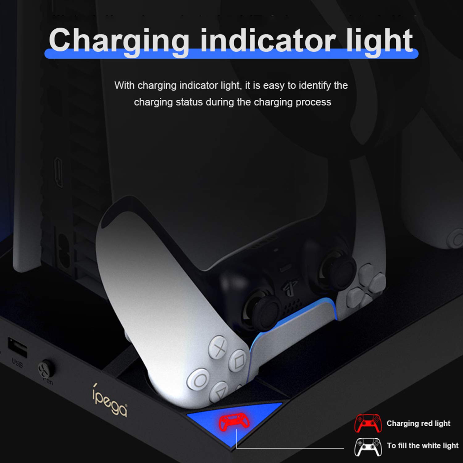 ipega PG-P5013 Cooling Fan Charging Station Dual Controller Charger with Cooling Fan Controller, LED Charging Base, Headset Stand, Game Card Storage, for PS5 Game Host Accessories