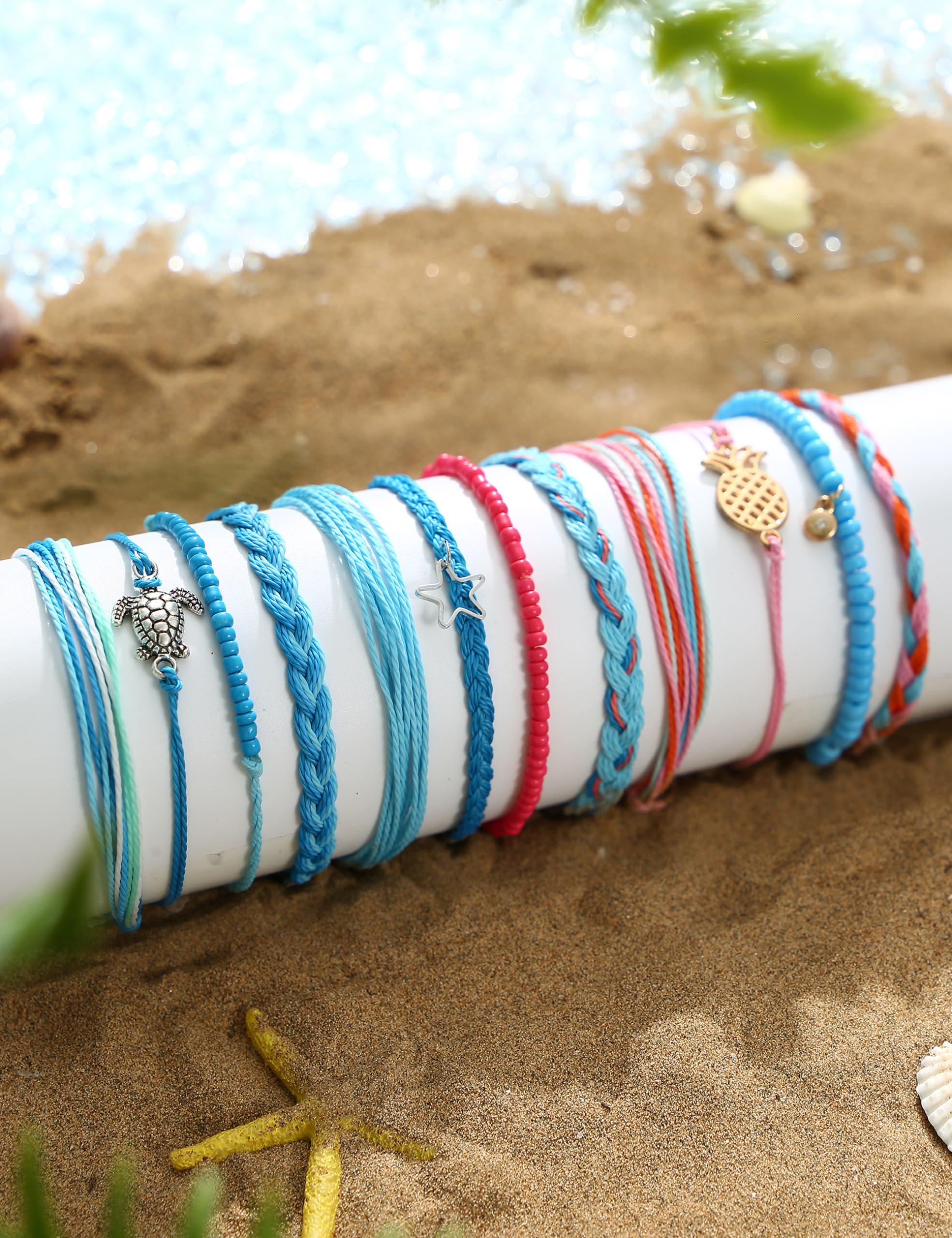 LOLIAS 24 Pieces Waterproof String Bracelets for Women Surfer Wave Boho Bracelet Adjustable Handmade Friendship Bracelet String Ocean Beach Boho Bracelets Anklets for Women Ocean