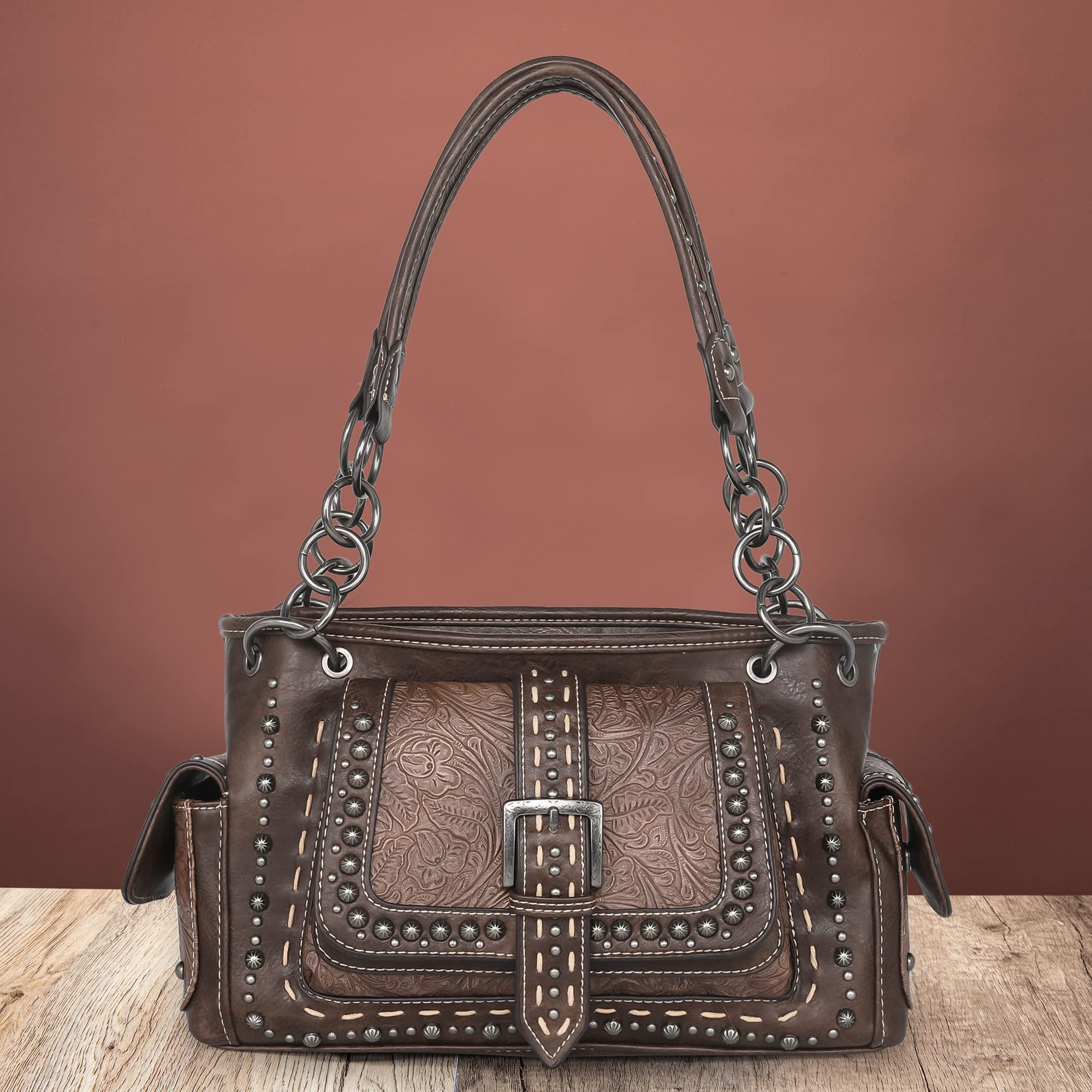 Montana West Western Embossed Collection Tote Bag Vegan Leather Antique buckle silver studs Satchel Handbag with Wallet MBB-MW1117G-8085CF+W