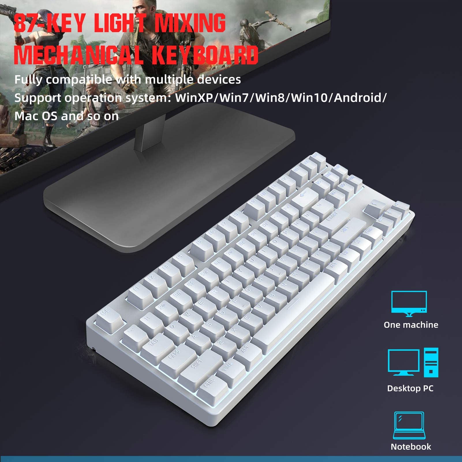 Pomya 87 Keys Wired Gaming Keyboard, Ergonomic USB Wired Mechanical Keyboard with Dye Sublimation Keycap for Win, for Android, for OS X, PC Keyboard for Game, Work(White)
