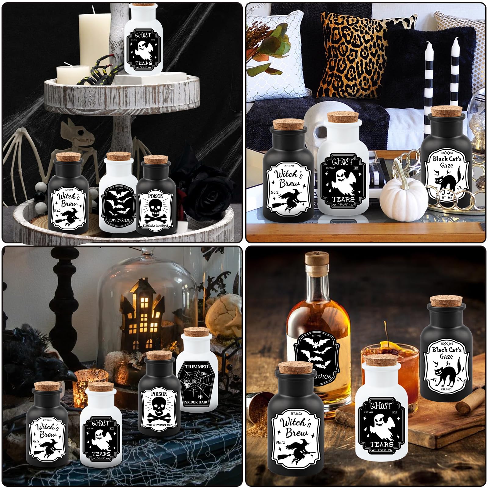 JENFALL 4Pcs Halloween Decor Halloween Decorations indoor Potion Bottles with Stickers Witch Farmhouse Decor For Tiered Tray Table Home Room Party Supplies