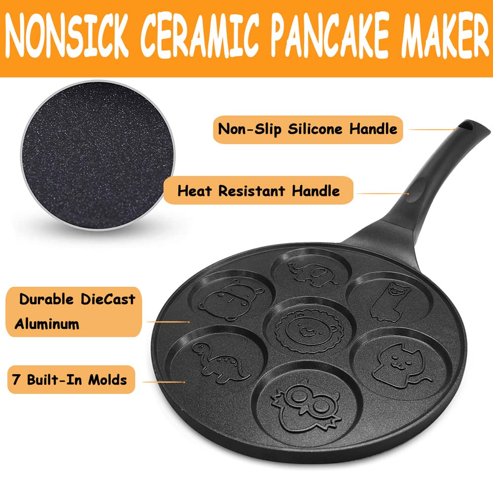 NBFTLTOP Non-Stick Pancake Pan, Sarten Para Pancakes Griddle Mini Pancake Maker Flapjack Faces Crepe Pan with Silicone spatula & Brush