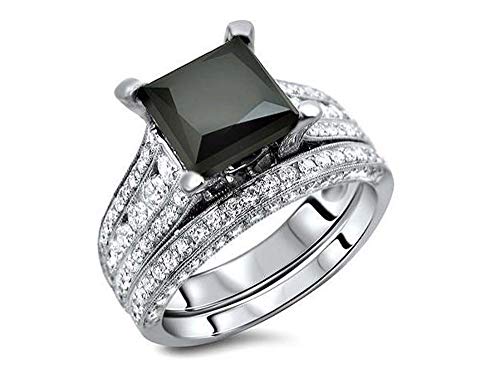 IRA 14K White Gold Over 925 Sterling Silver 2.00 ct Princess Cut Black & White CZ Diamond Engagement Wedding Halo Bridal Ring Set Womens