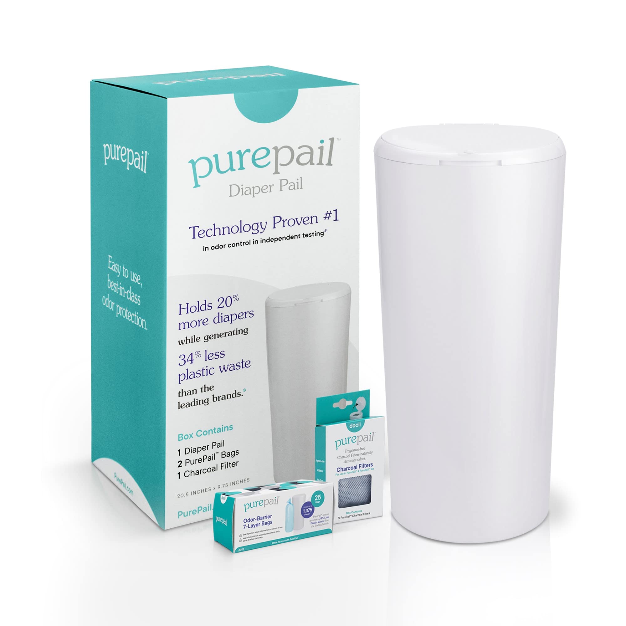 PurePail Diaper Pail Bundle β Classic White Pail + Classic Odor-Barrier 7-Layer Refill Bags (25 Count) + Charcoal Filters (3 Count) β Best in Odor Control with No Added Fragrance