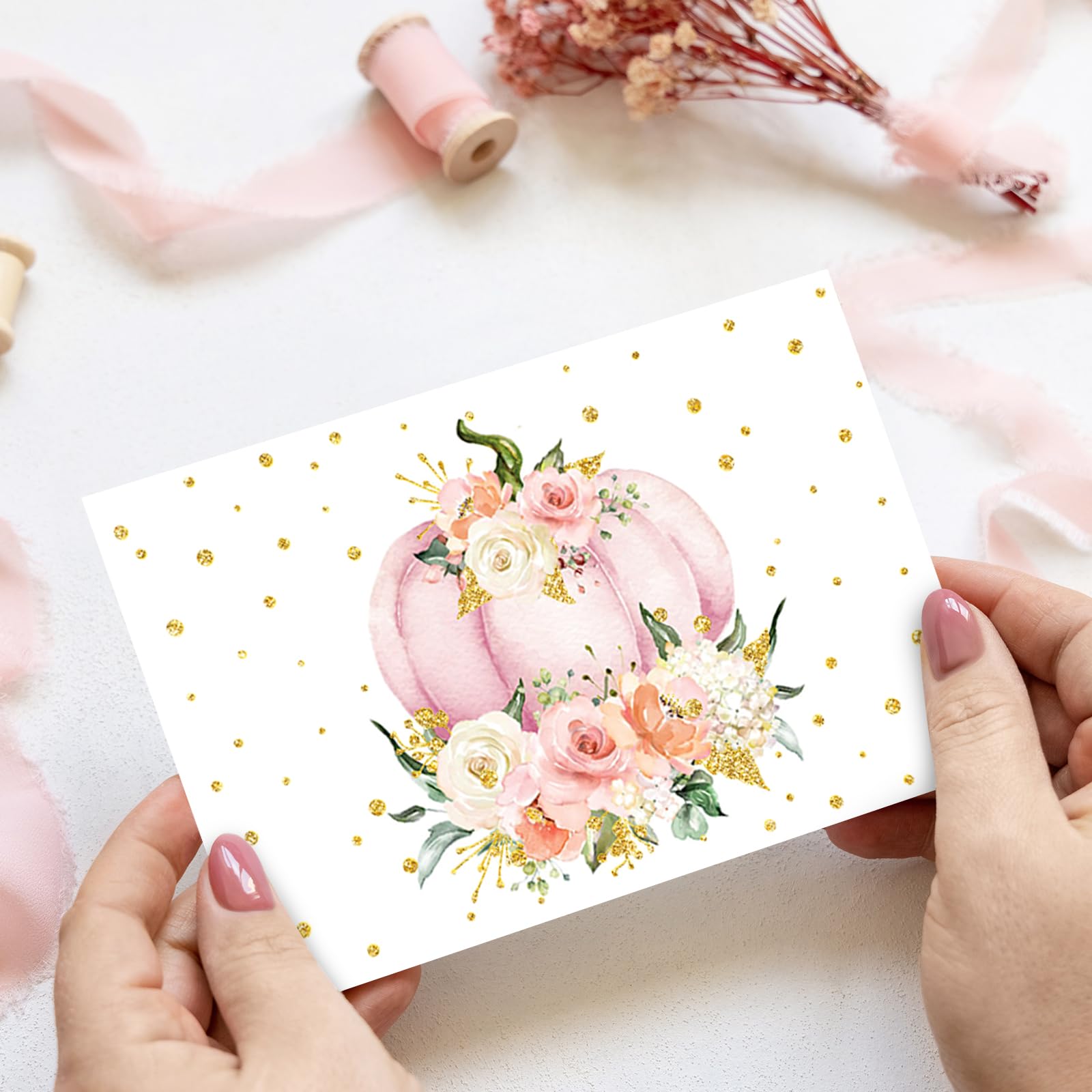 Whaline 36 Pack Fall Gold Foil Thank You Cards Pink Floral Pumpkin Greeting Cards Autumn Blank Note Cards with Stickers Envelopes for Thanksgiving Wedding Bridal Shower
