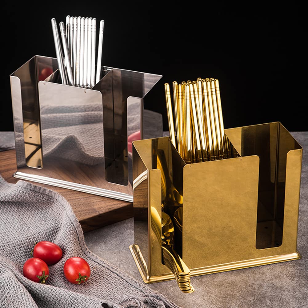 kaileyouxiangongsi Chinese Restaurant Utensil Holder, Stainless Steel Hanging 3 Compartments Mesh Utensil Drying Rack/Chopsticks/Spoon/Fork/Knife Flatware Storage(Golden)