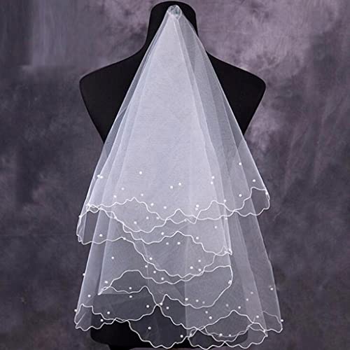 MXIAOXIA Women Pearl Bridal Veils Wedding Dress Veil Layers Tulle Ribbon Edge Accessories