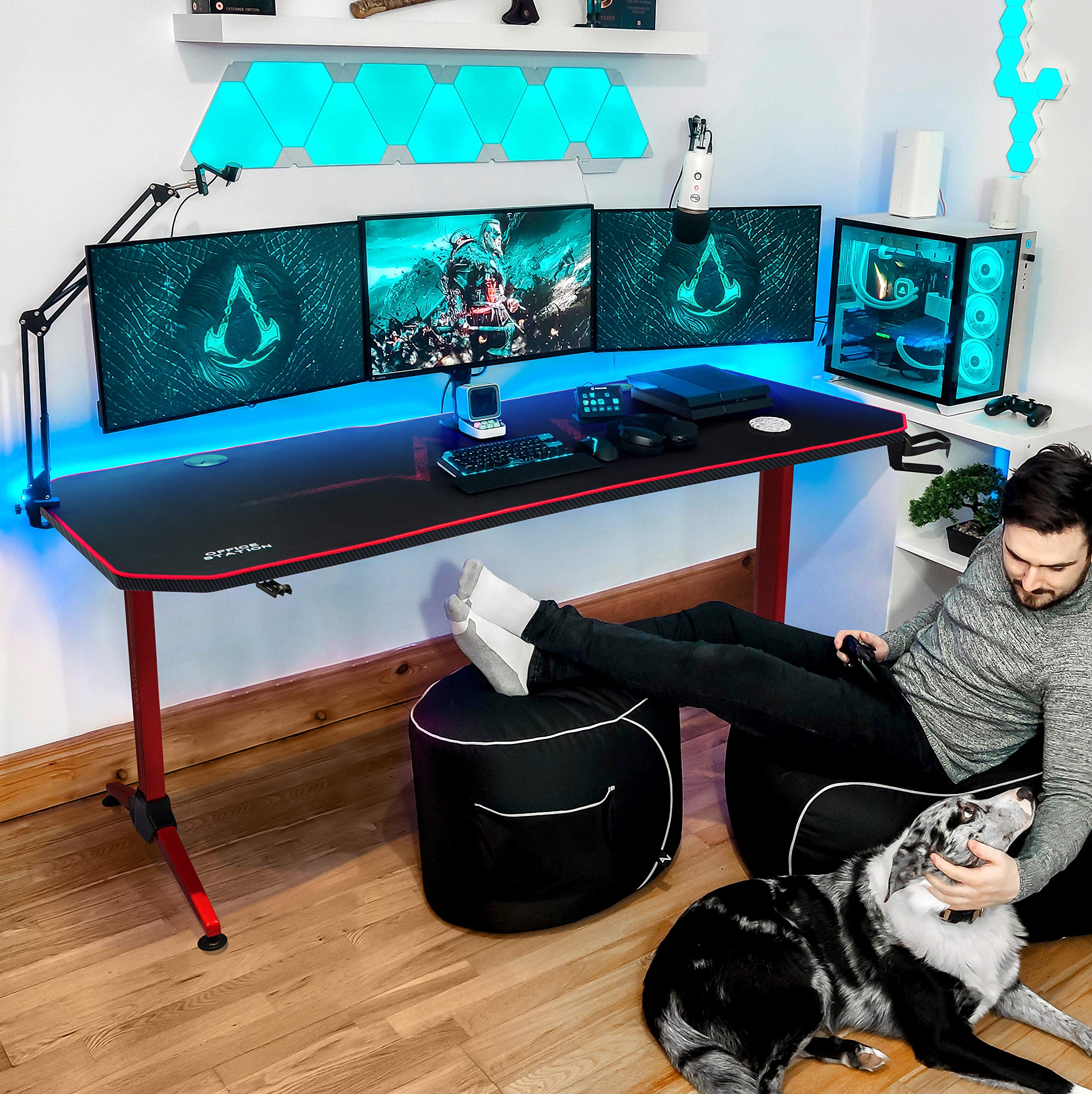 KaiMeng Gaming Desk 55 Inch PC Computer Game Desk with Mouse Pad Home Office Study Table Gamer Workstation Carbon Fiber Modern Surface Sturdy T-Shaped Y Leg, Red