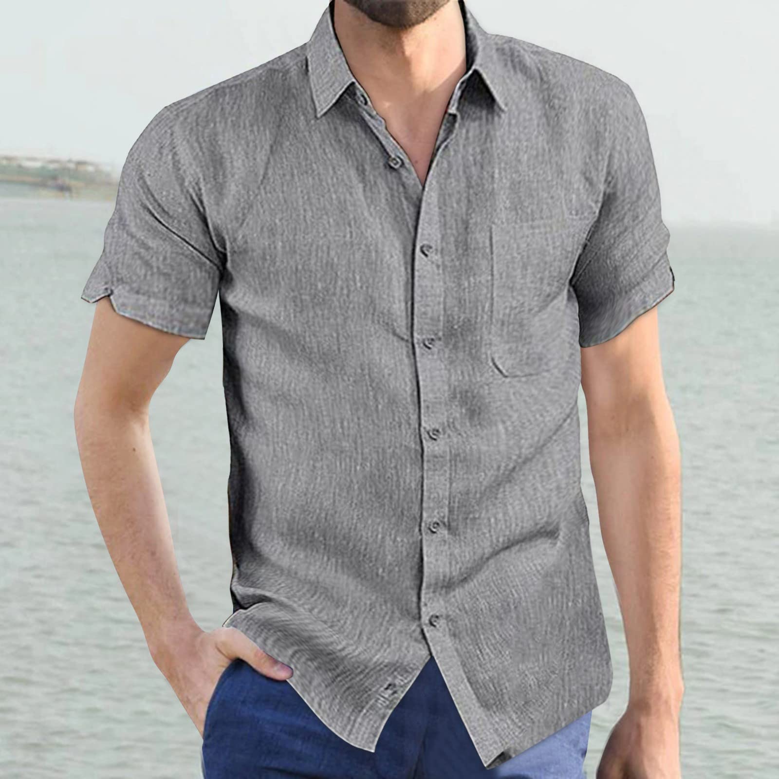 OICIB Linen Shirts for Men, Mens Casual Long Sleeve Cotton Linen Shirts Buttons Down Solid Plain Roll-Up Sleeve Summer Beach Shirts E2023