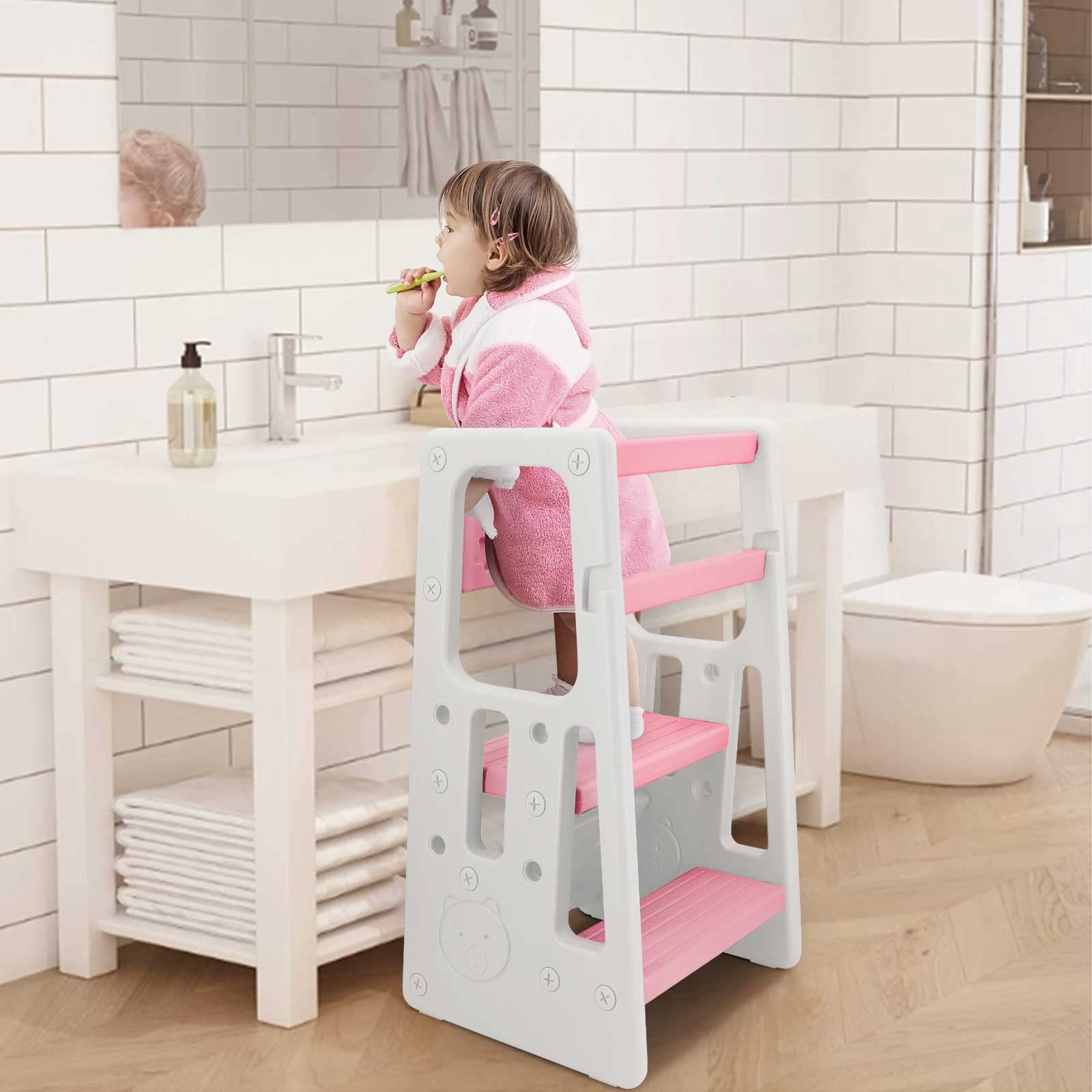 Nursery Kitchen Step Stool w/ 3 Adjustable Heights Toddler Standing Tower Kids Learning Stool w/Double Safety Rails & Non-Slip Foot Pads Cooking Stool Stand Helper Bathroom Counter Footstool (Pink)
