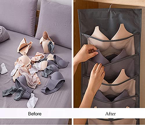 ST-BEST-P Bra and Underwear Hanging Storage Organizer Mesh Pockets Dual Sided Wall Shelves Space Saver Bag Sock Underpants Drawer Closet Clothes Rack (Gray:(5+10pockets))