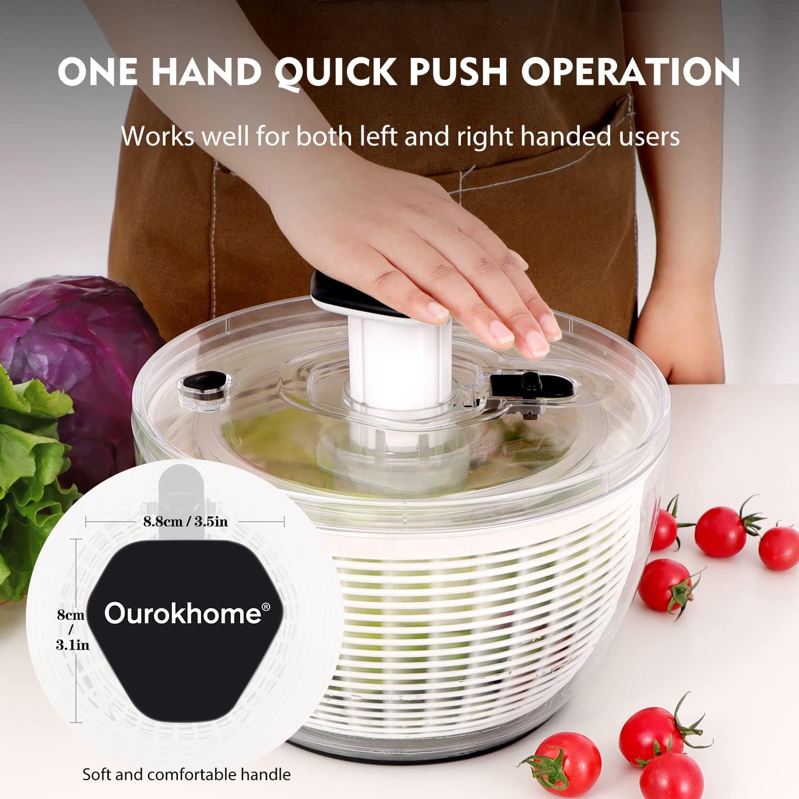 Ourokhome Salad Spinner Lettuce Dryer, One-handed Easy Press Large Vegetable Dryer Salad Mixer with Comfortable and Retractable Pusher and Brake Button for Greens, Herb, Berry, Fruits, 6.3 QT, Black