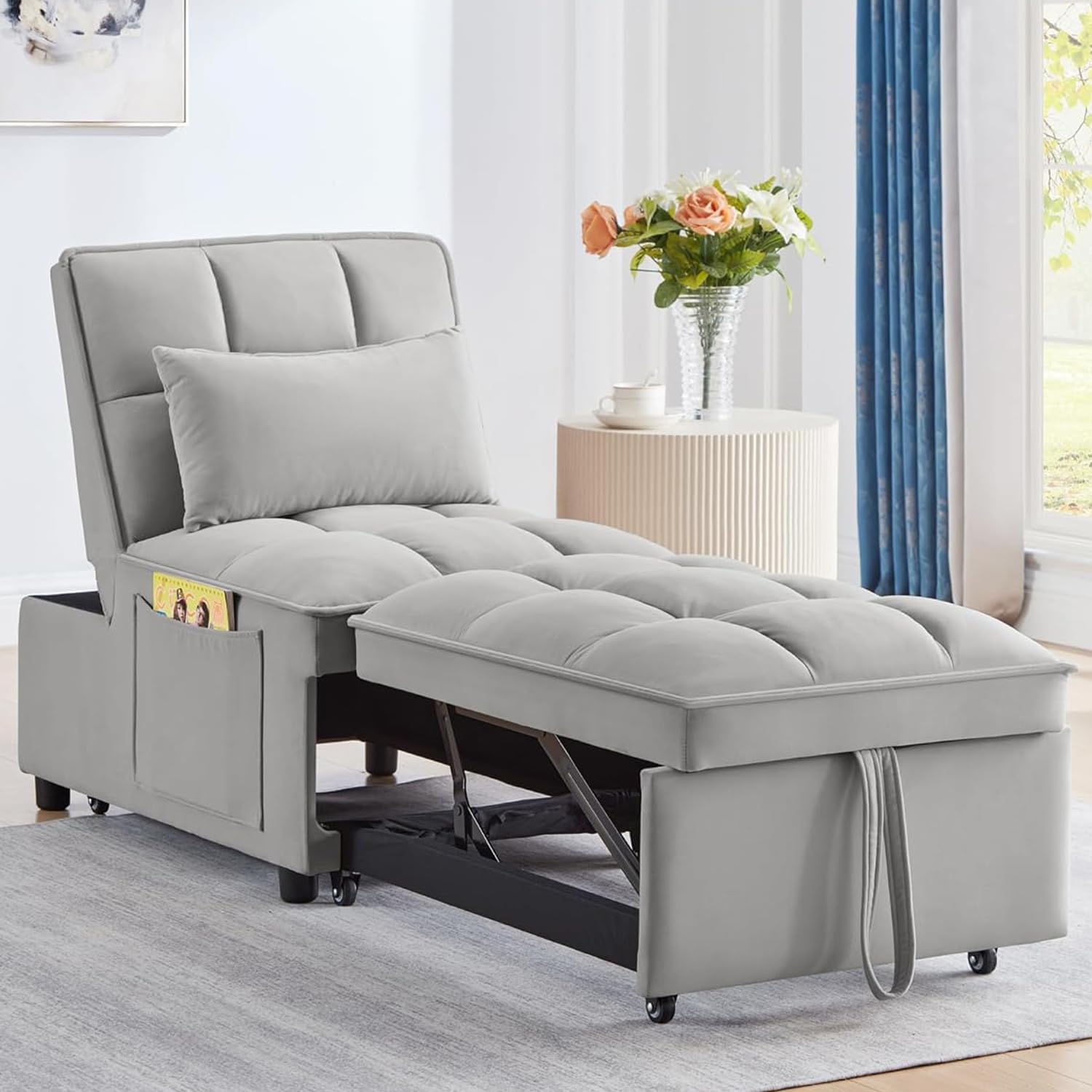 SPOWAY 3 in 1 Sleeper Sofa Couch Bed, Velvet Convertible Single Sleeper Sofa with 3 Level Adjustable Backrest, Storage Pockets, Toss Pillows, Pull Out Single Sleeper for Living Room, Gray