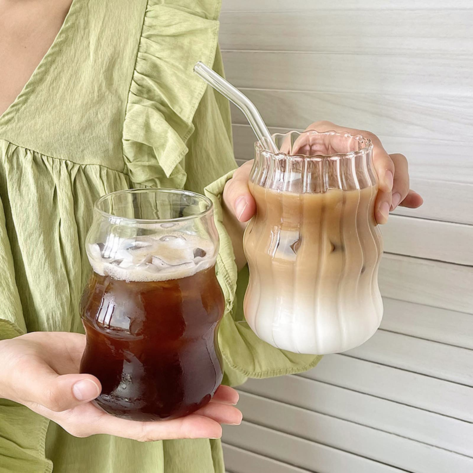 Maritown Ribbed Glassware Drinking Glasses with Straws, 18oz Ripple Glass Cups, Iced Coffee Glasses, Wave Shape Beverage Glasses, Cute Tumbler Cup for Cocktail Whiskey Beer Tea Smoothie Juice