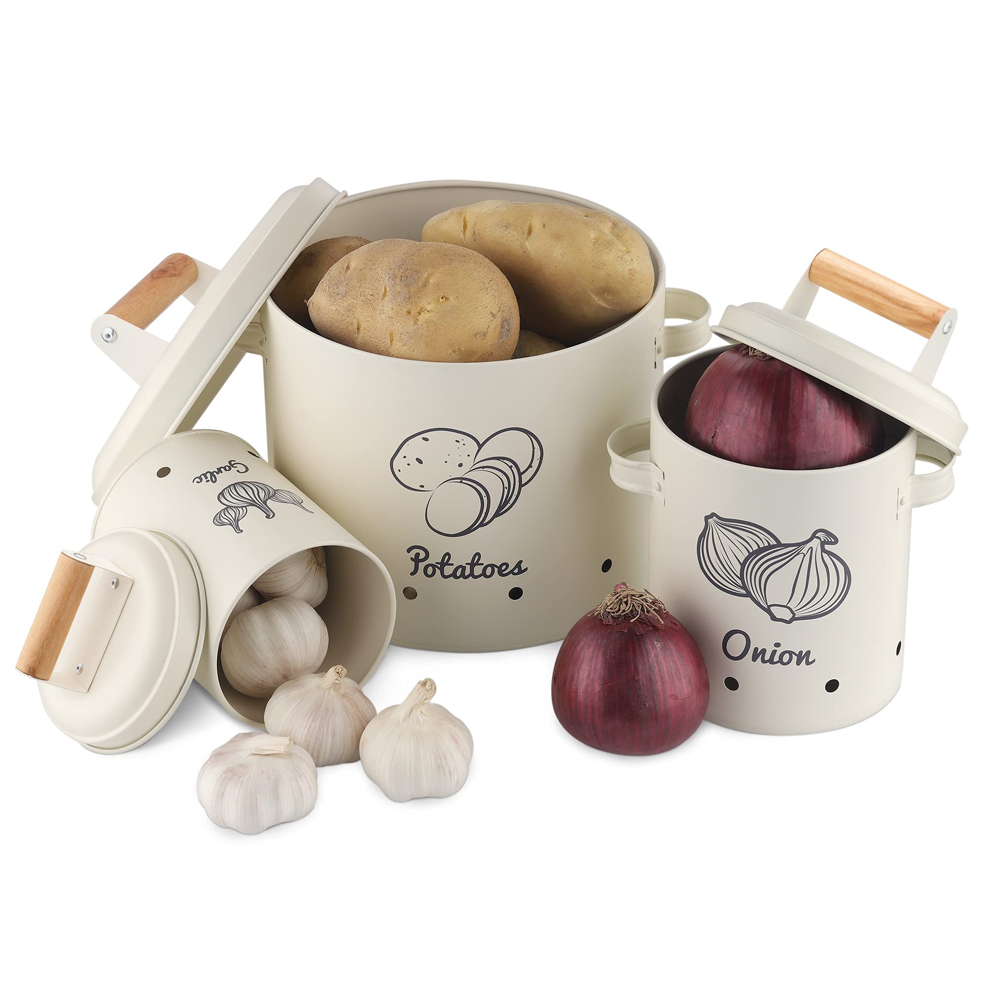 Navaris Vegetable Bins for Onions and Potatoes (Set of 3) - Potato Onion Garlic Storage Canisters Keeper Tin Containers with Wood Handles - Cream