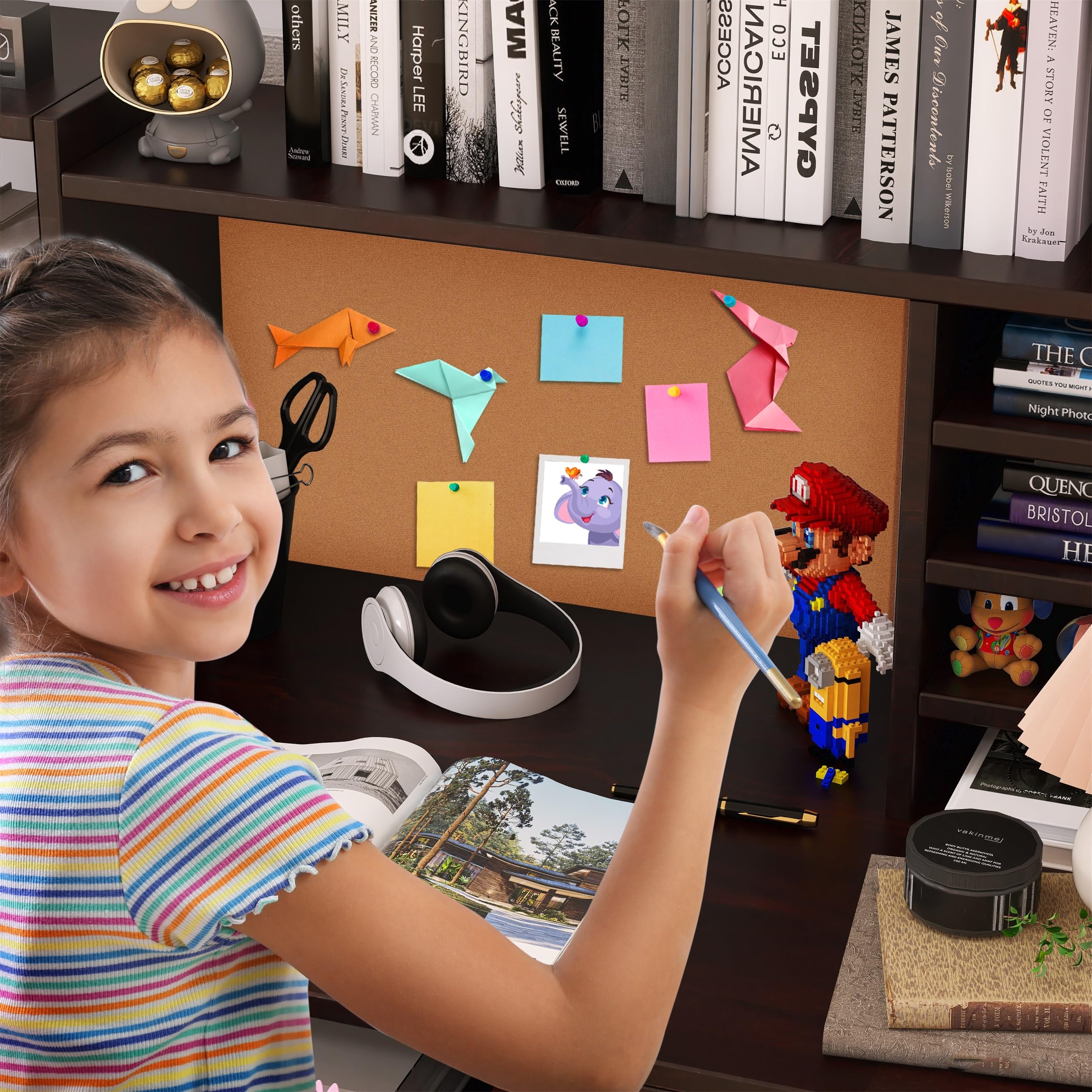 RUPOLX Childrens Computer Desk with 4 Drawers, Espresso Kids Desk and Chair Set for 5-12 Year Old,Kids Study Table with Storage Shelf-P8Phus