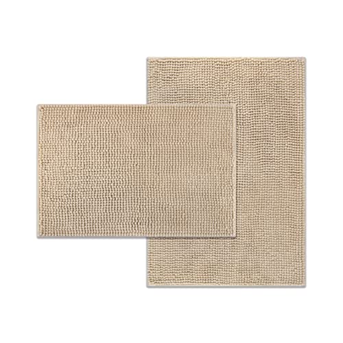 PSBP BEAUTY 2-Piece Bathroom Rugs Set, Premium Bathroom Mats for Bathroom Floor, Small Machine Washable Chenille Bath Rug, Non Slip and Super Absorbent, (30" x 20" Plus 24" x 17", Beige)