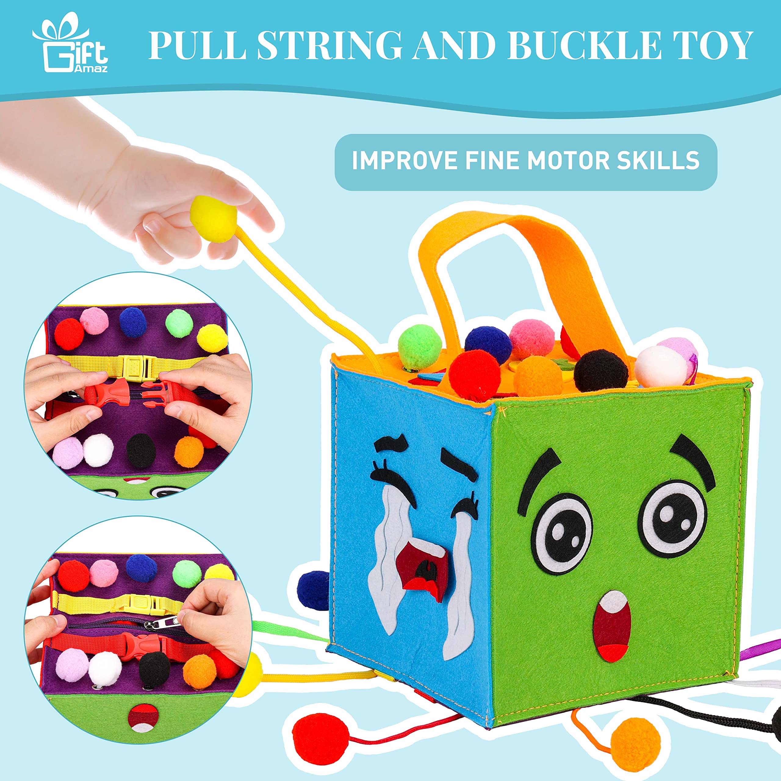 Pull String Sensory Toys for Toddlers, Montessori Activity Cube for Baby, Early Fine Motor Skills Development, Social Emotional Learning Activities for Kids Boys Girls 1 2 3 Years Old