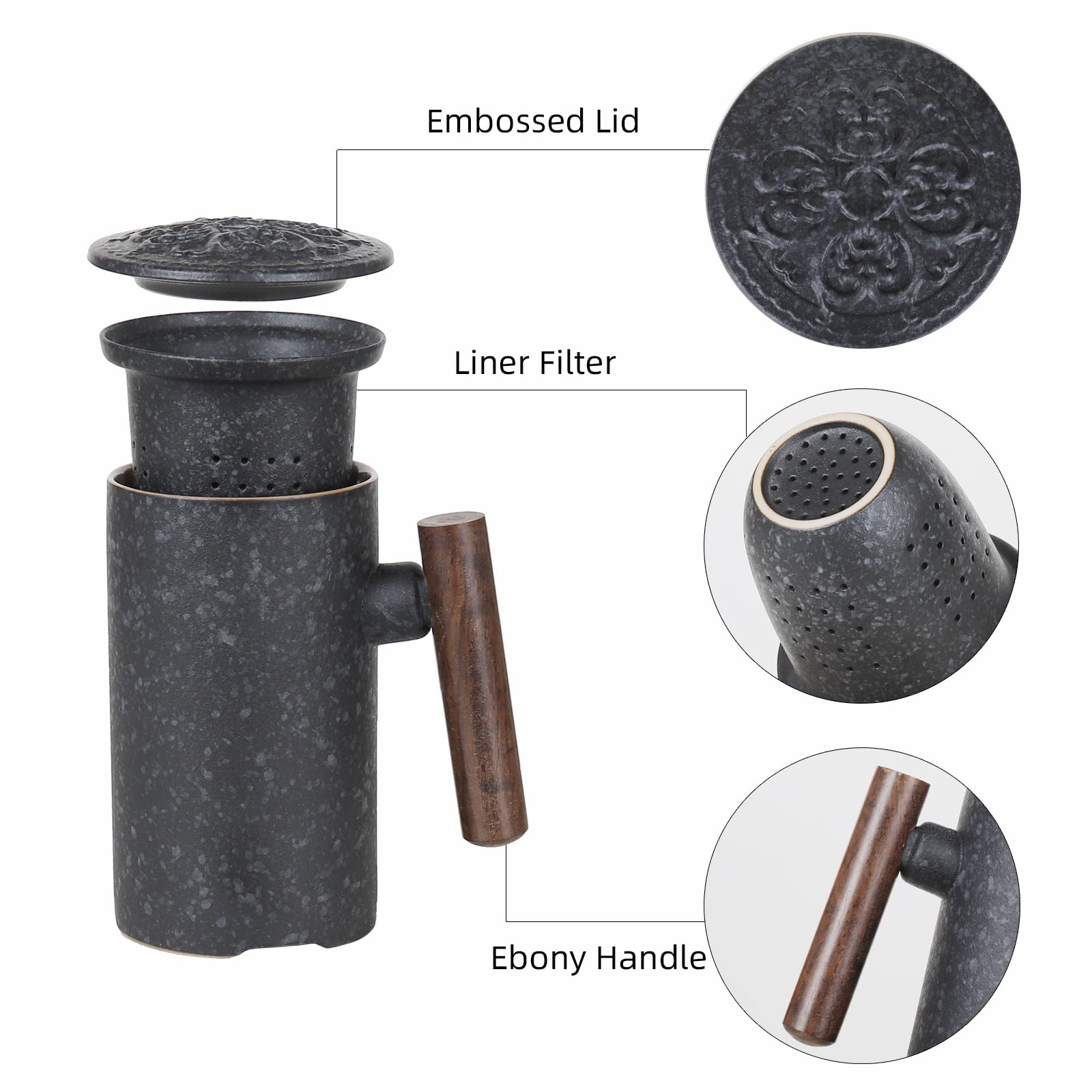 MAKOUYU Ceramic Tea Cup with Infuser and Lid 14 Ounce Infusion Mugs for Tea Bag Coffee Home Office Porcelain Teaware with Filter (Black)
