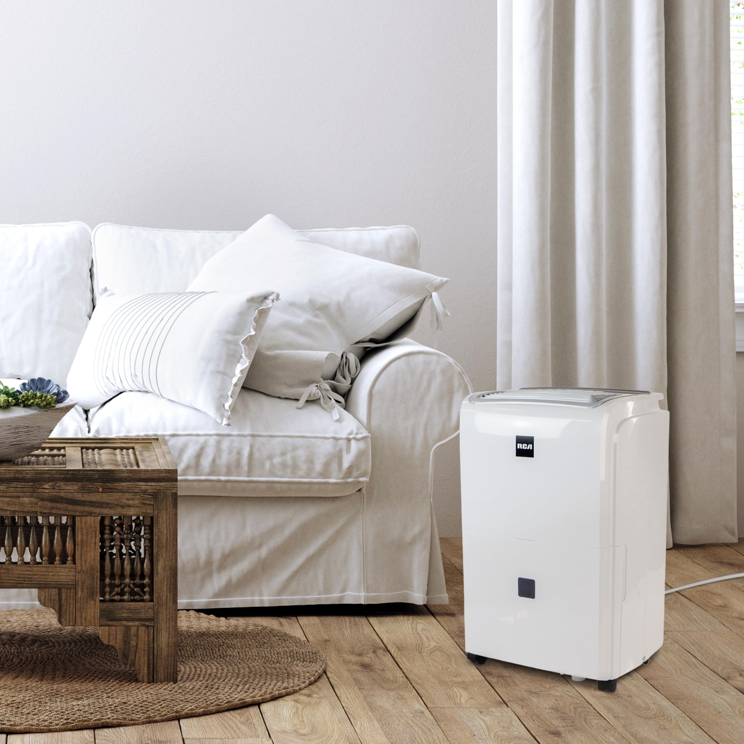 RCA 35-Pint Portable Dehumidifier, 115V, with Auto-Shutoff & Timer, Home Dehumidifier and Moisture Absorber For Basement, Garage, Living Room, White