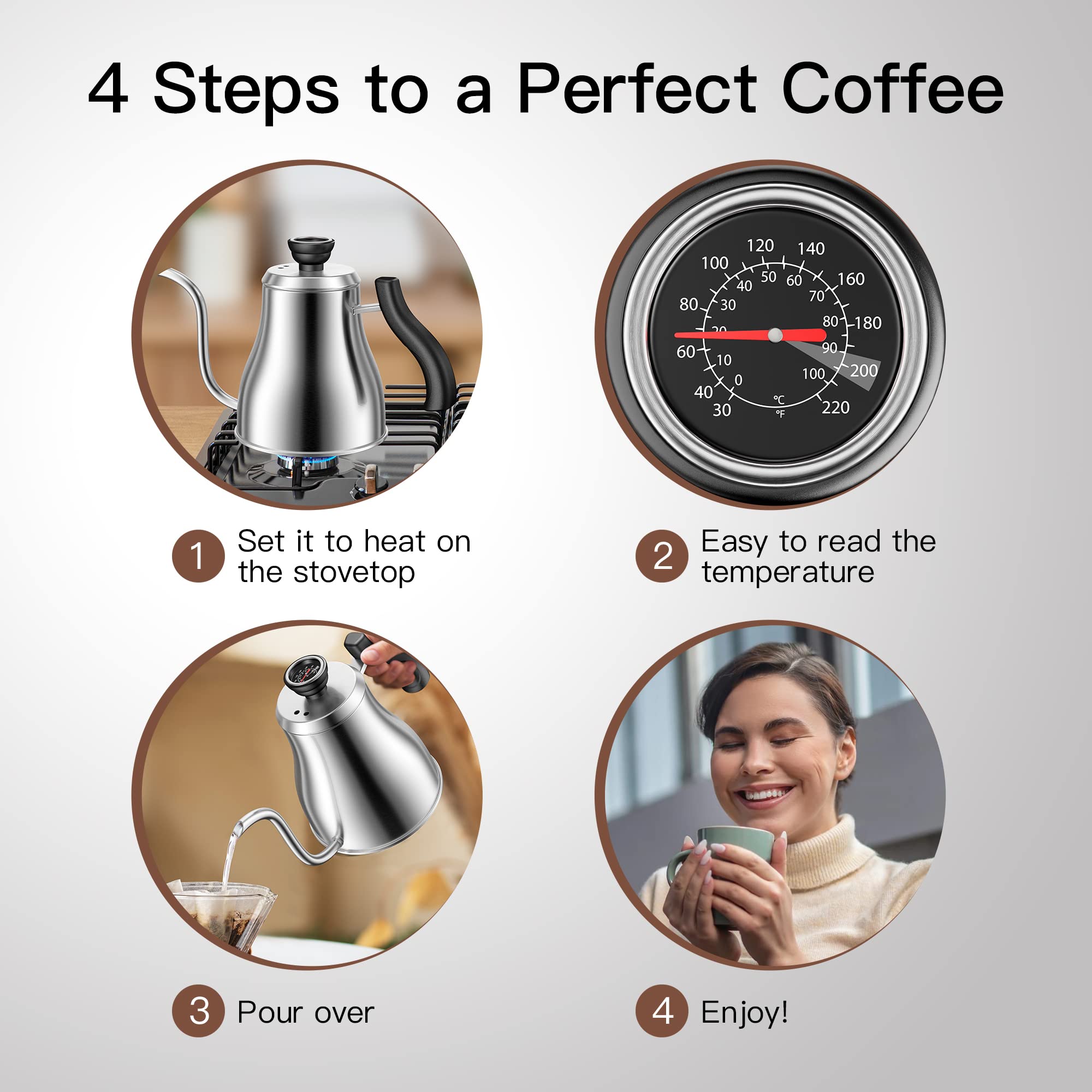 Meelio Pour Over Coffee Kettle 1.2 Liter 40 oz Tea Kettle with Thermometer for Stove Top Gooseneck Kettle, Stainless Steel Tea Pot Stovetop Teapot for Drip Coffee, Tea